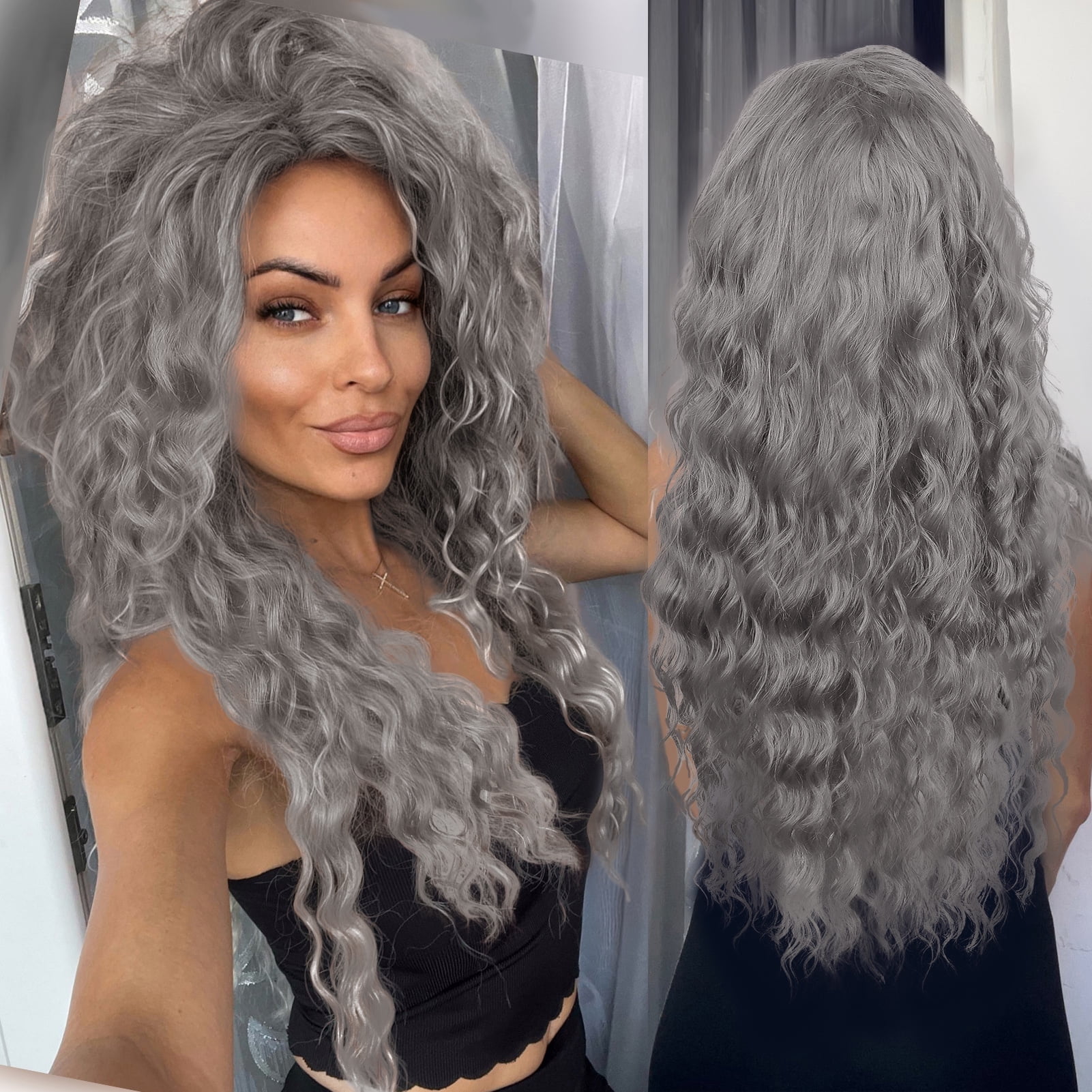 28 inch Long Grey Wigs for Women Water Wavy Hairstyle Curly Wig in ...