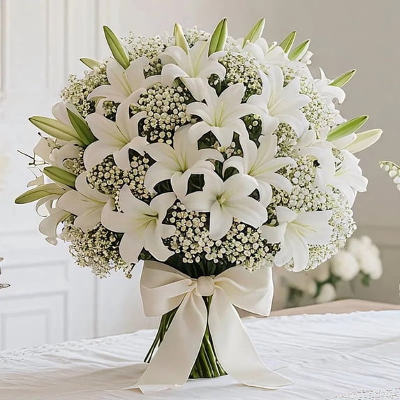 28 simulated bouquets - realistic white lilies and baby's breath ...