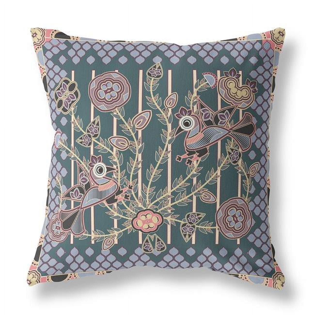 28 x 28 in. Blue & Pink Bird Blown Seam Floral Indoor & Outdoor Throw ...