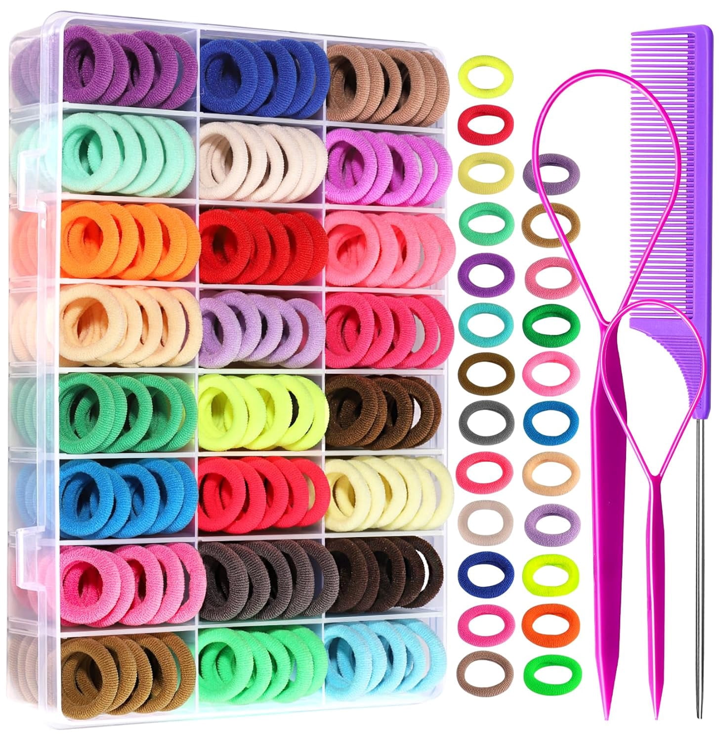 280 PCS Cotton 24 Colors Hair Ties Set with Organizer Box - Seamless ...