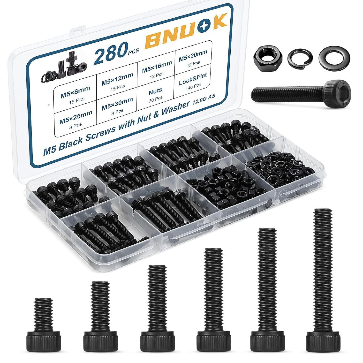 280 PCS M5 Screws Assortment Kit, 12.9 Grade Alloy Steel M5 Bolts Kit ...