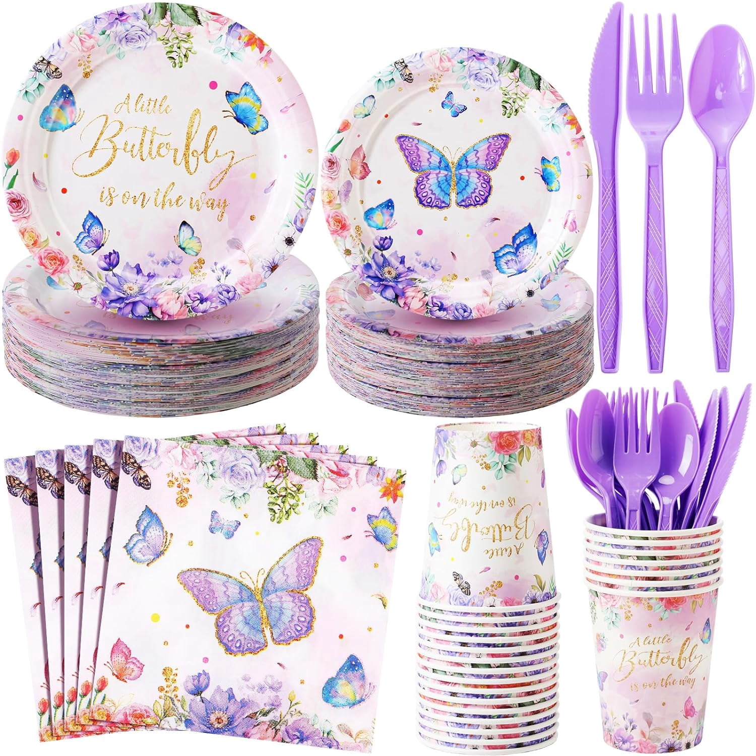 280 Pcs Butterfly Baby Shower Paper Plates and Napkins Paper Cups ...