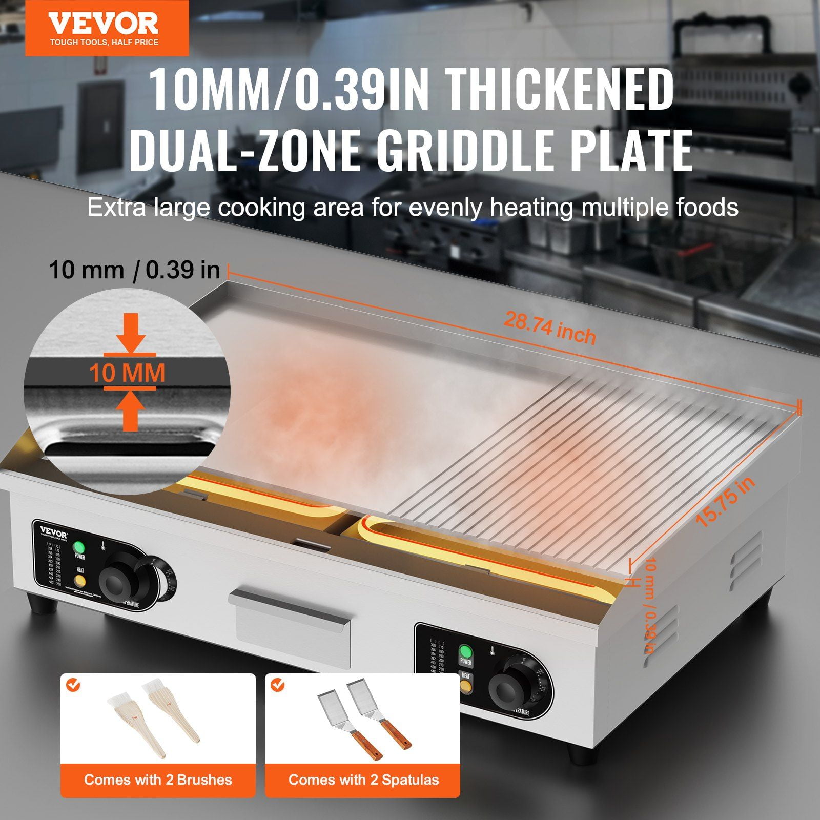 2800W Stainless Steel Griddle Grill, Half-Flat Top Electric Grill with ...