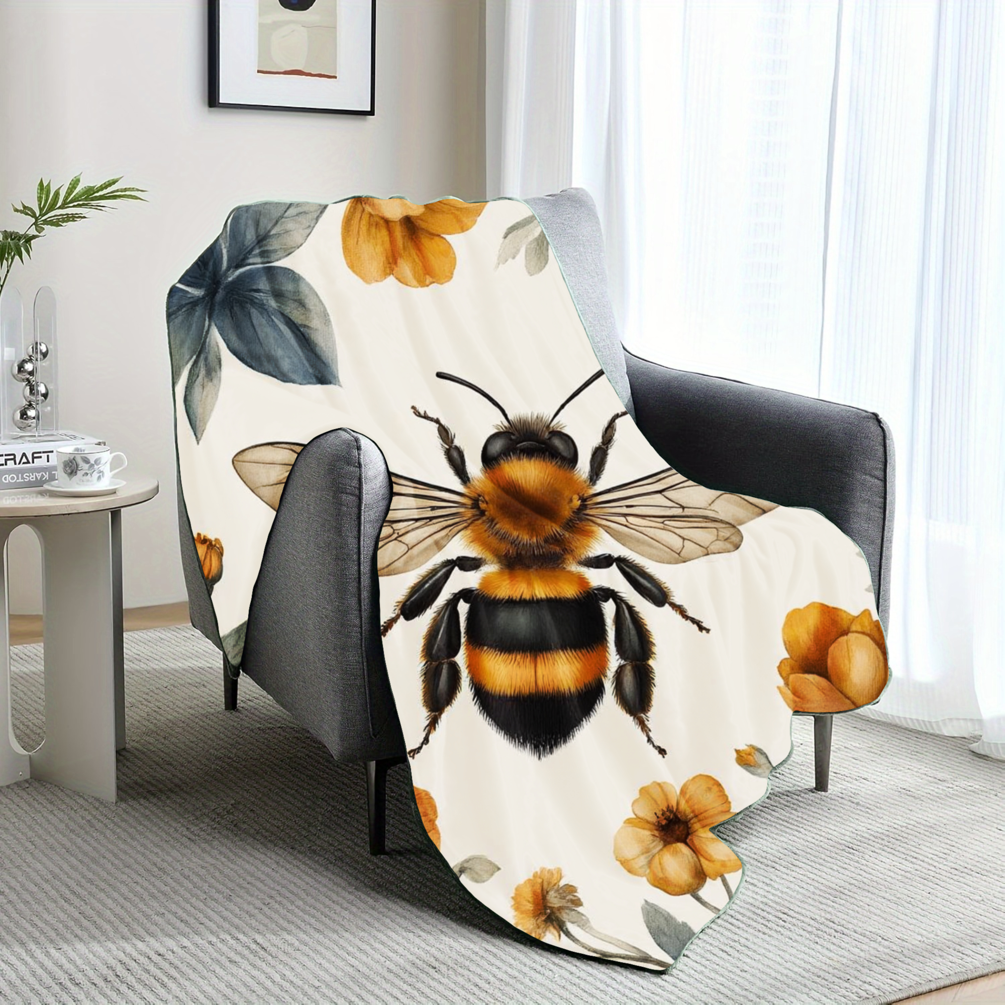 280GSM, 30x40in Bee And Flowers On Cream Background Unisex Gifts, Soft ...
