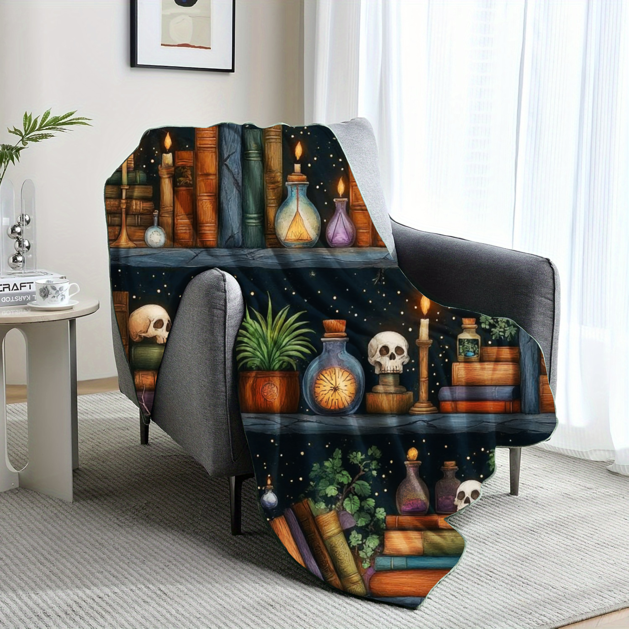 280GSM, 30x40in Bookshelf With Skulls Candles And Plants Unisex Gifts ...