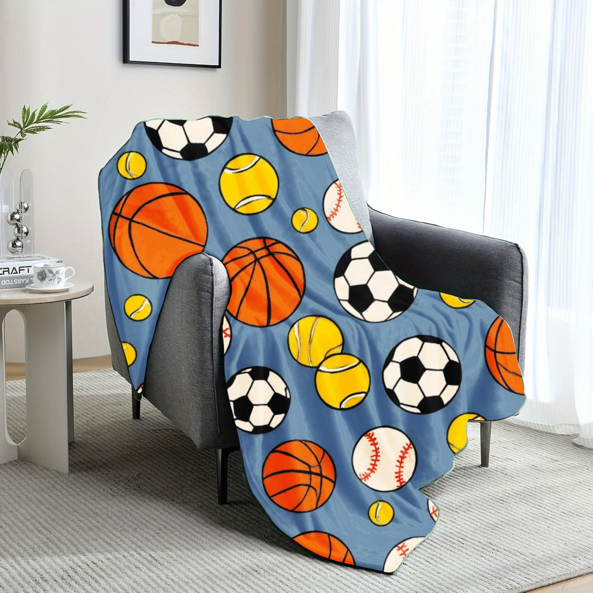 280GSM, 30x40in Sports Balls Pattern On Blue Background Unisex Gifts ...
