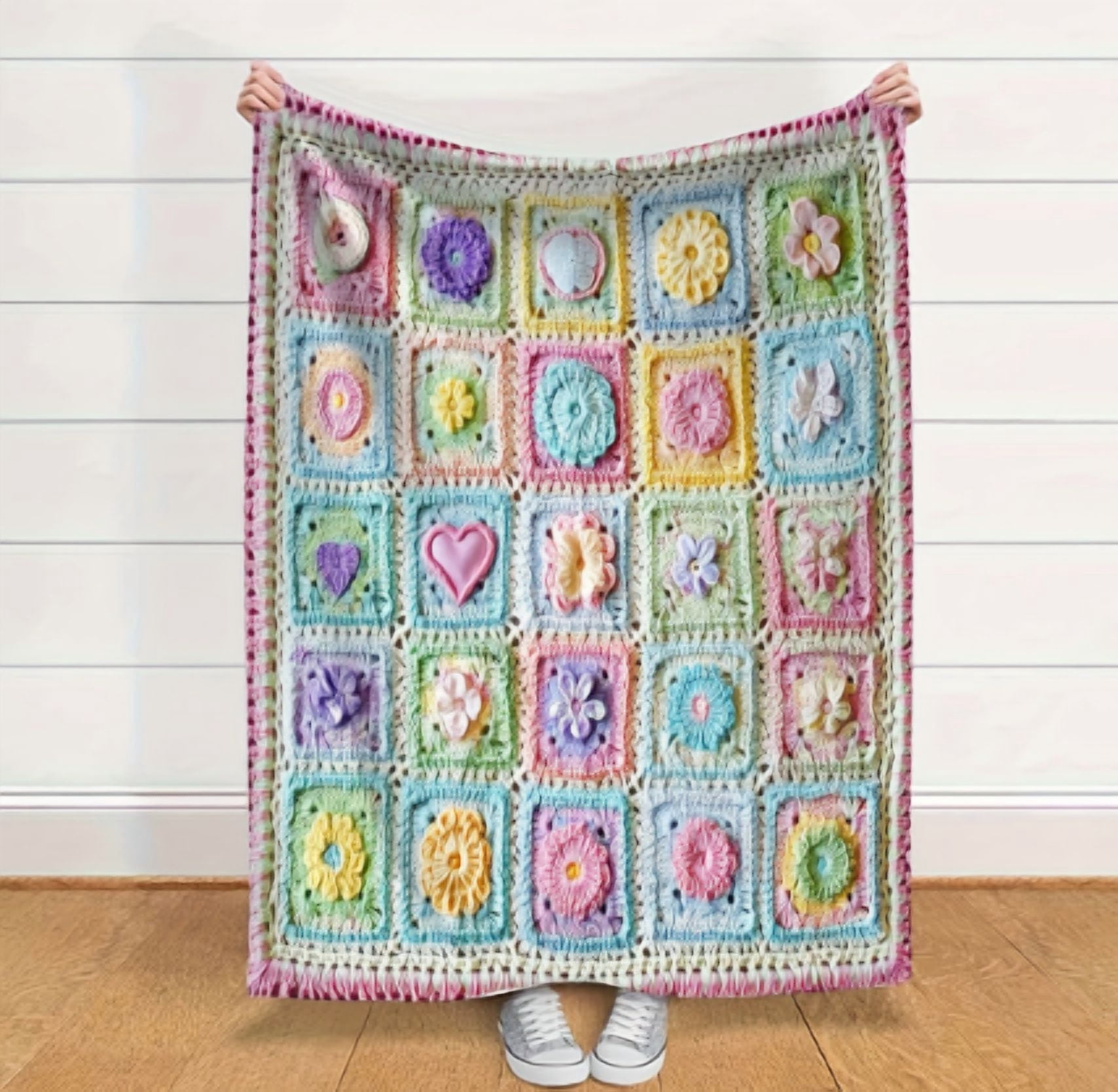 General 280gsm Granny Square Crochet Flannel Blanket - Multicolor Soft ...