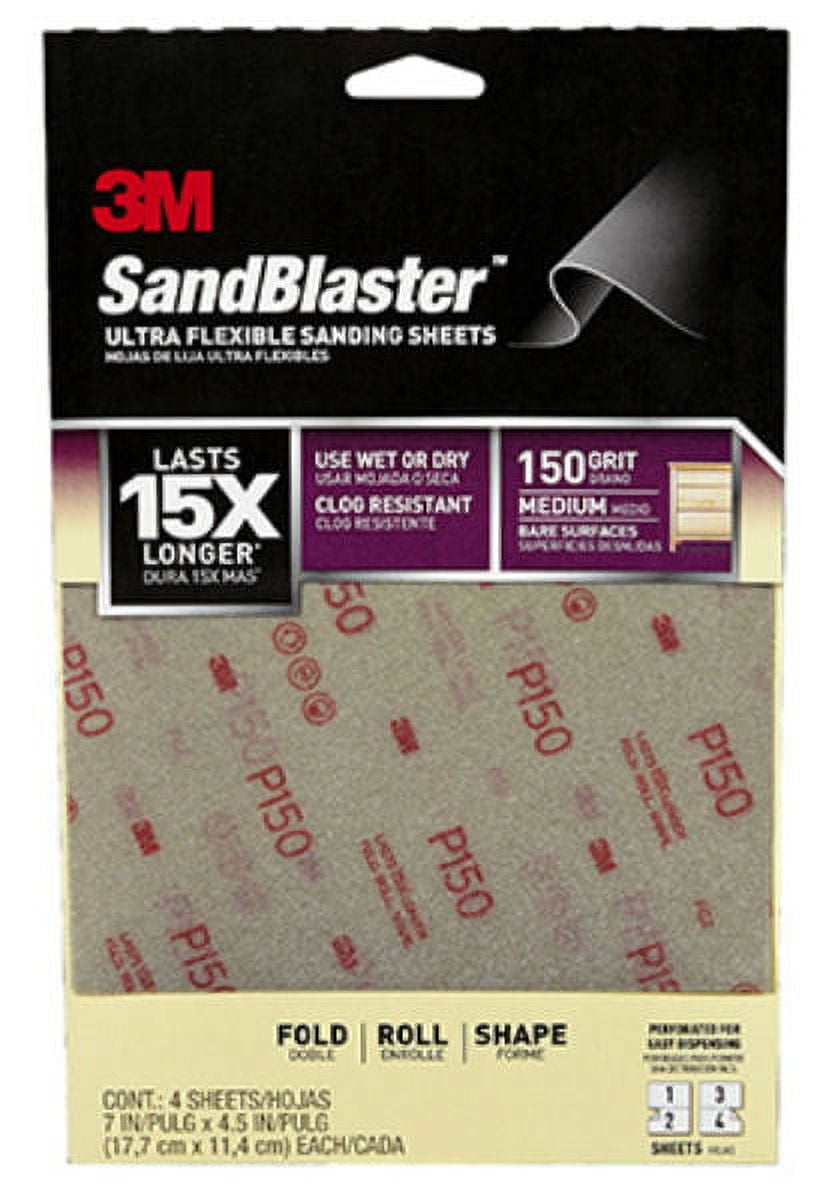 3M 28150SB-UF4 SandBlaster Ultra Flexible Sanding Sheet, 7"x4.5", 150 ...
