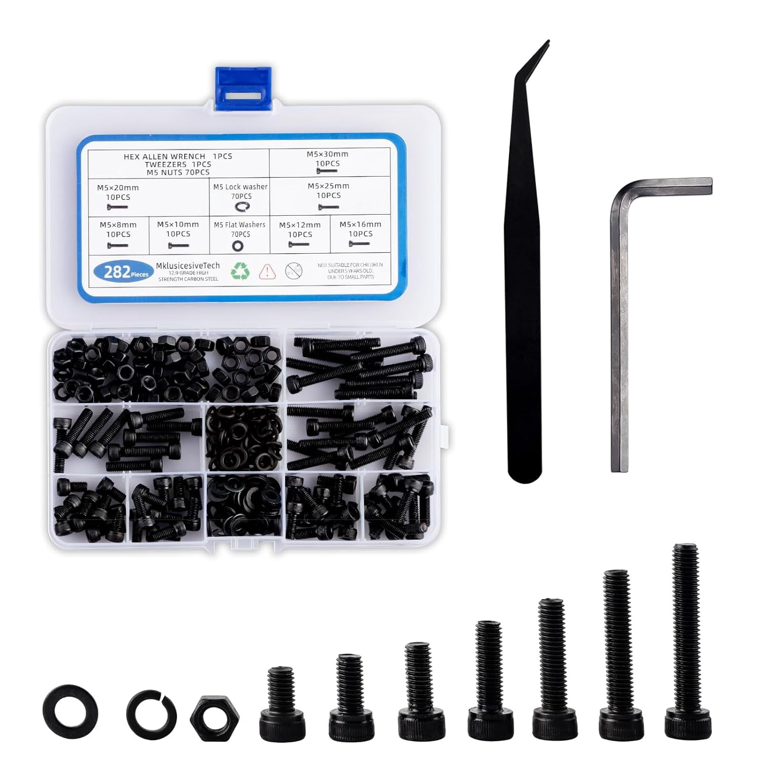 282 Pcs M5 Screw Metric Hex Socket Head Cap Bolts M5x8mm 10mm 12mm 16mm ...