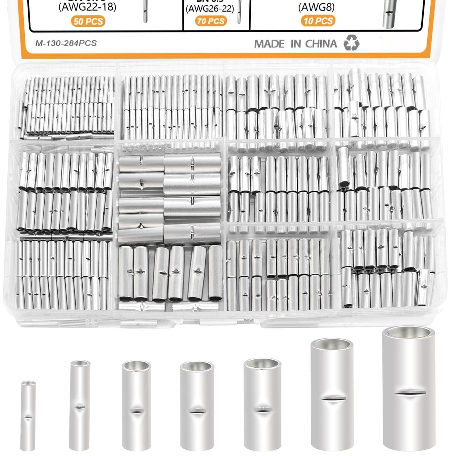 284PCS Non Insulated Butt Connectors Kit 26-6 Gauge Tinned Red Copper ...