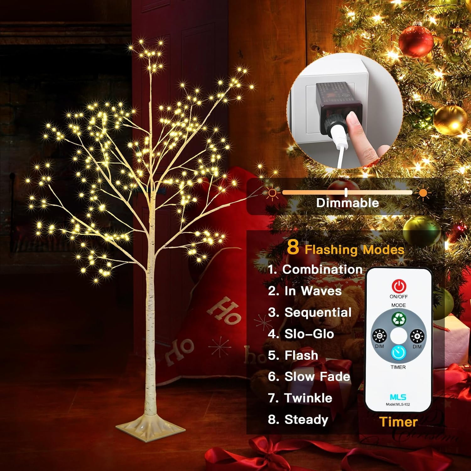 288 LED Birch Tree Lighted with Remote Control, Electric Plug in ...