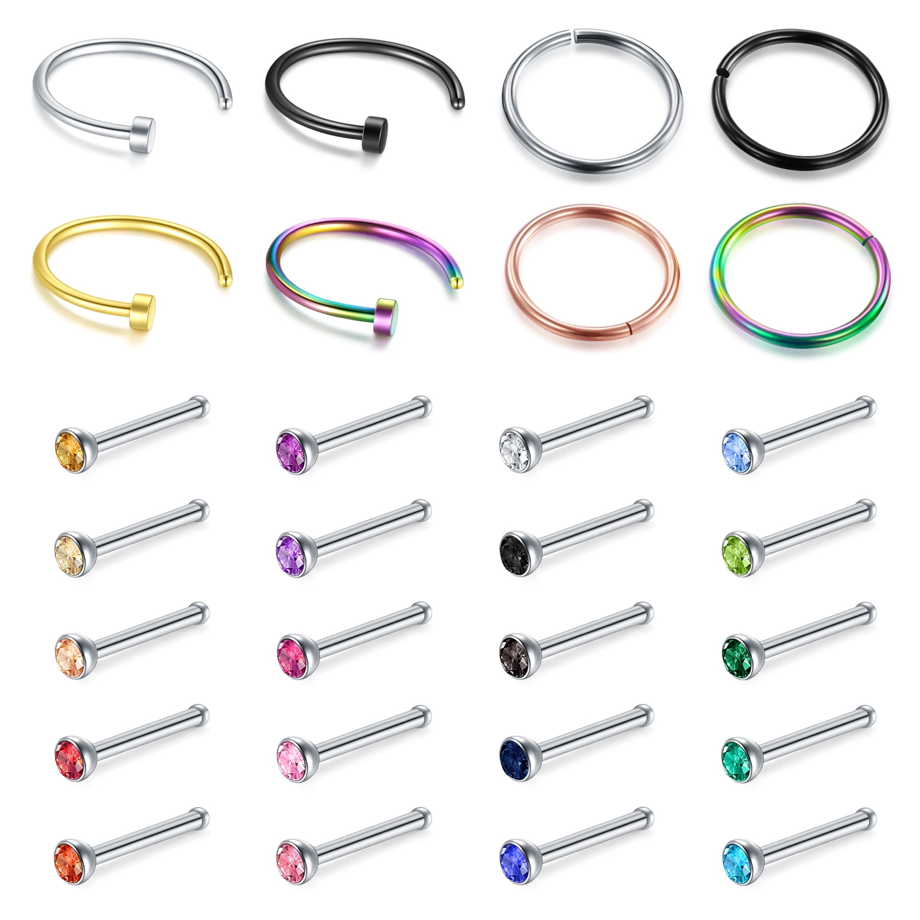 28PCS 18G Nose Rings Nose Studs Surgical Stainless Steel Screw Pin Bone ...