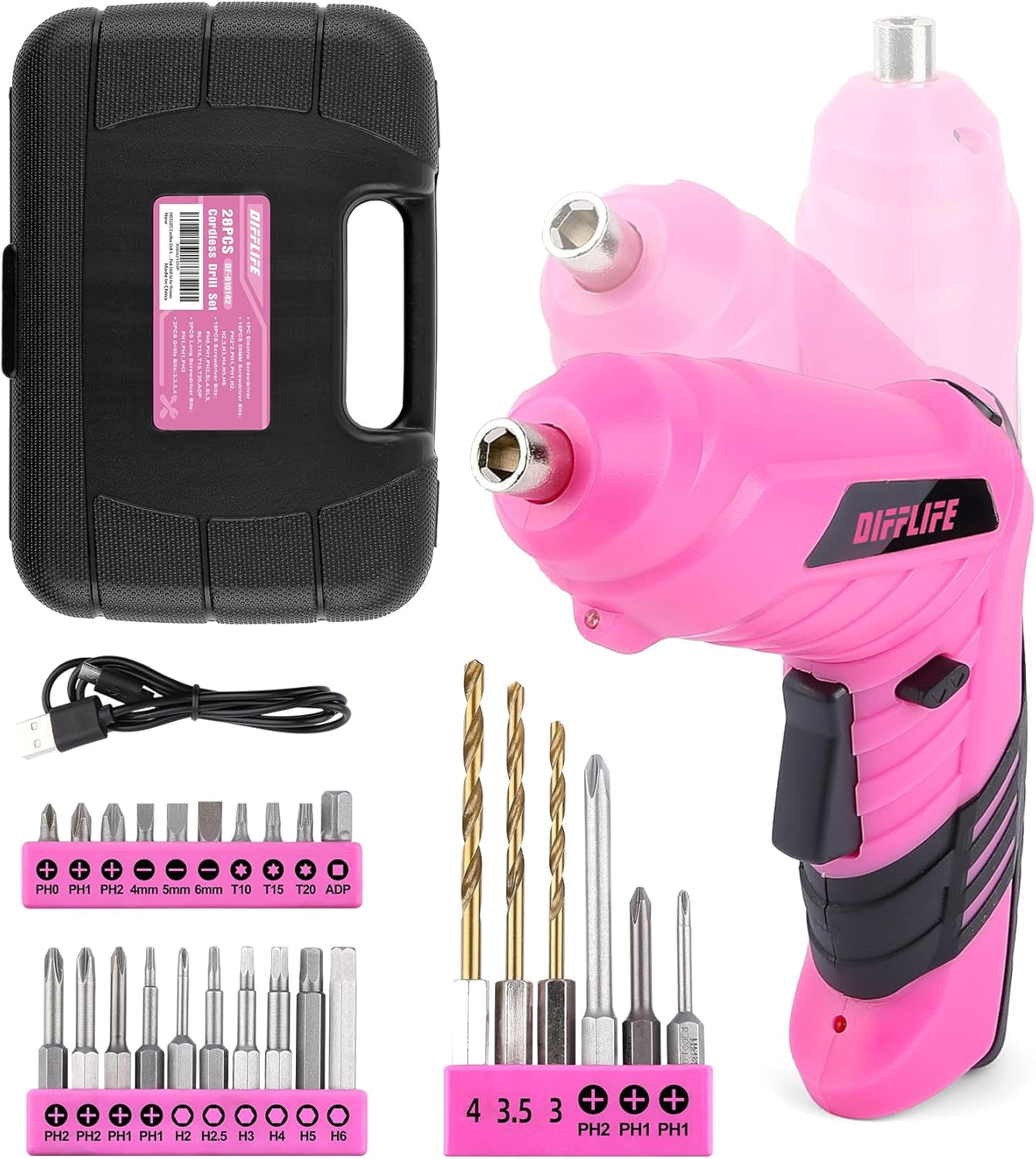 28PCS Pink Power 3.6V Cordless Electric Screwdriver Rechargeable ...