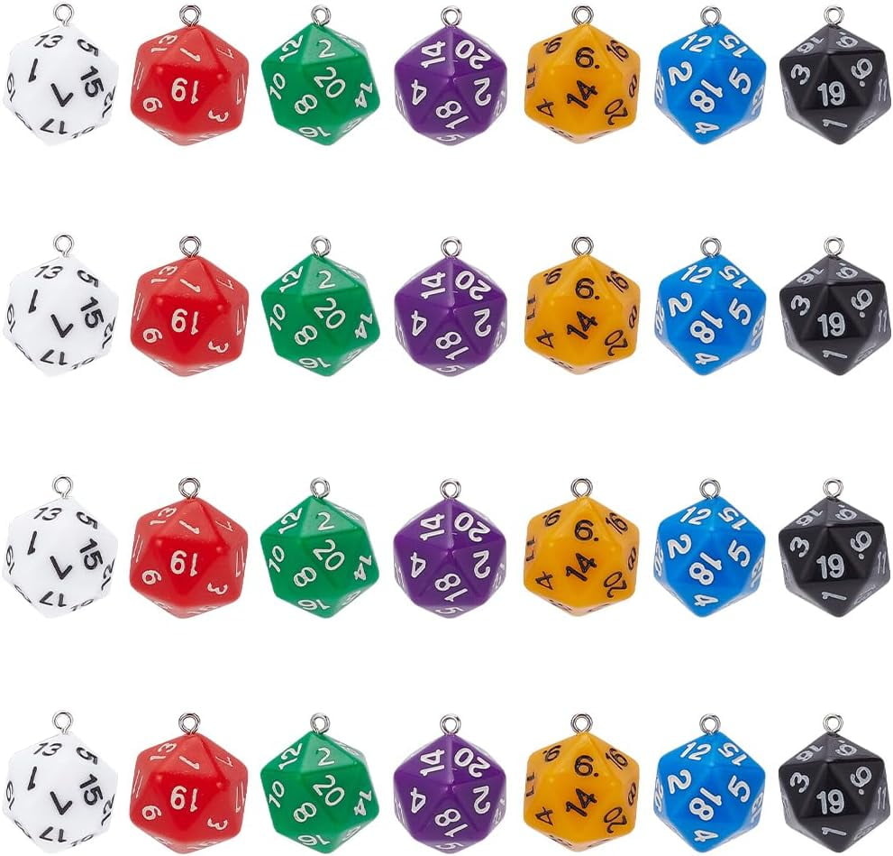 28Pcs 7 Colors Dice Charm Polyhedral Dice Charms Polyhedral Dice Charms Bulk 20-Sided Faceted ...