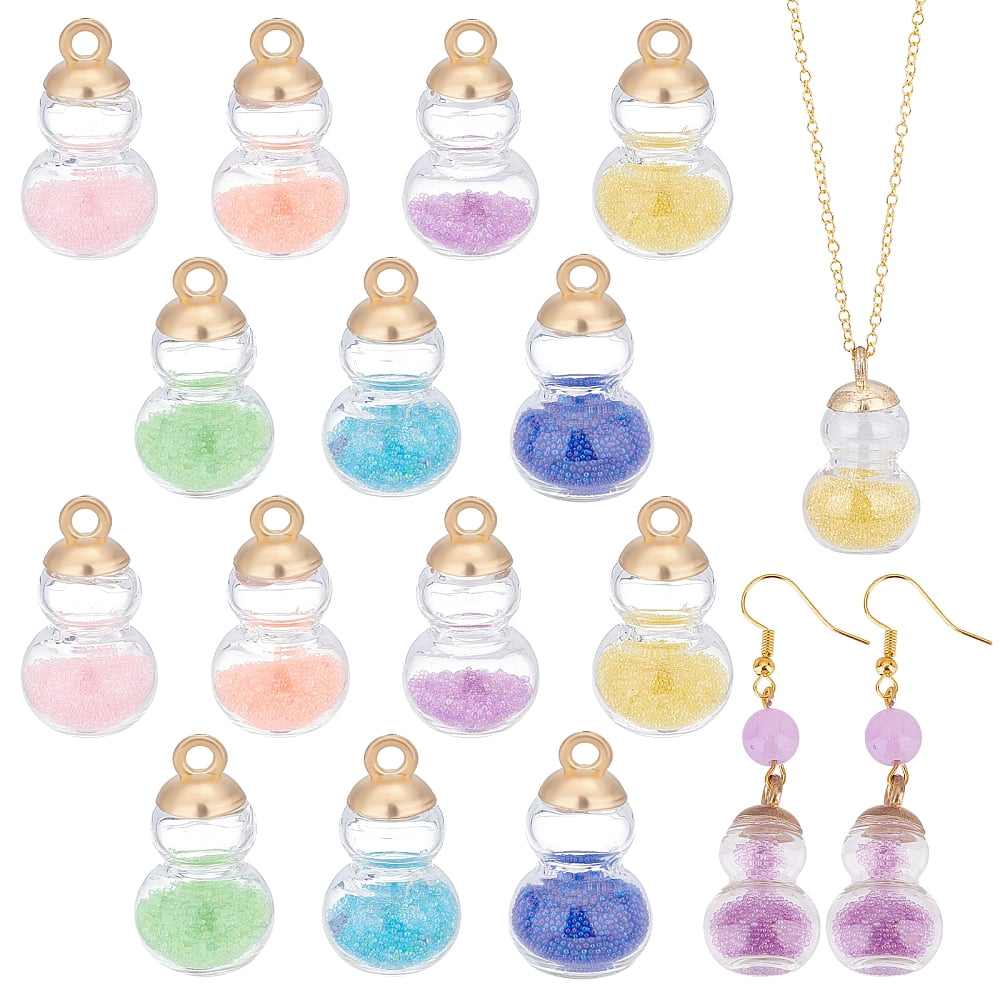 28Pcs 7 Colors Glass Pendants with Plastic Sands Inside Gourd Shape ...