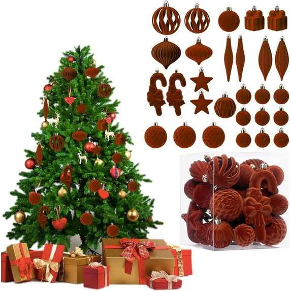 28Pcs Velvet Christmas Tree Ornaments Set, Red Flocked Christmas Balls ...