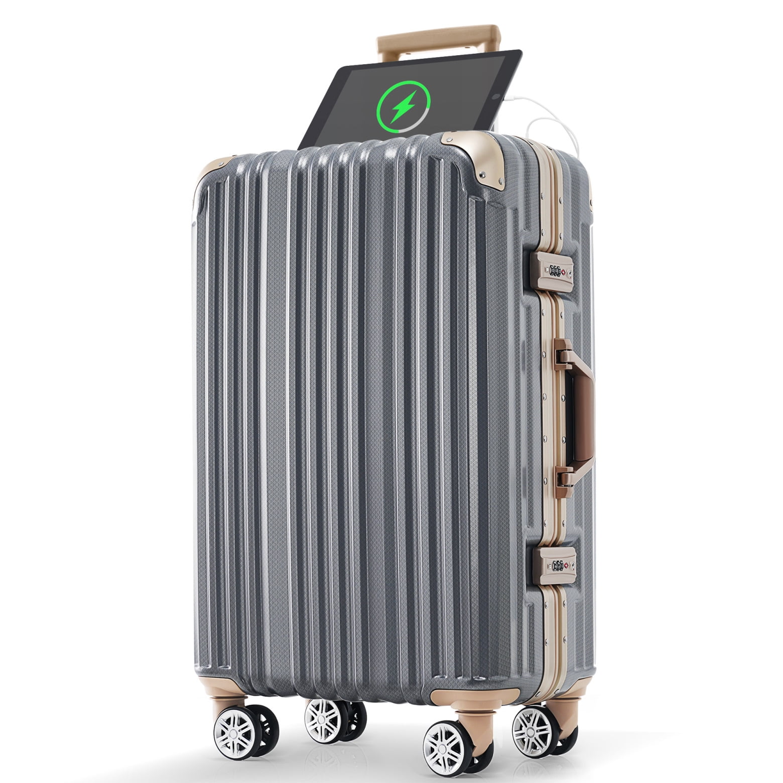 28in Aluminum Frame Luggage with USB port, Vacation Carry-On Suitcase ...