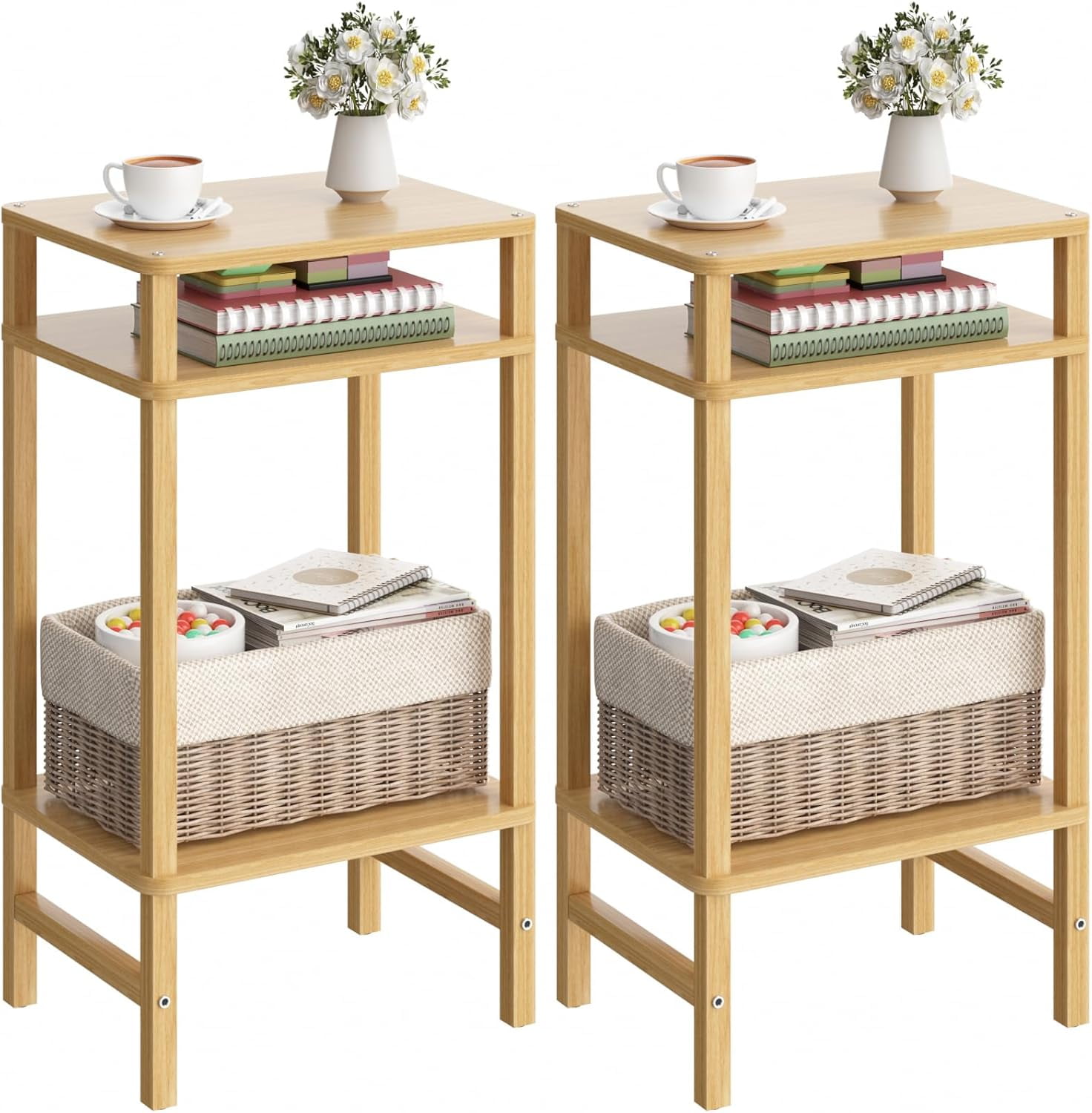 28in Tall Bamboo Side Table Set of 2, 3-Tier Small Narrow End Table for ...