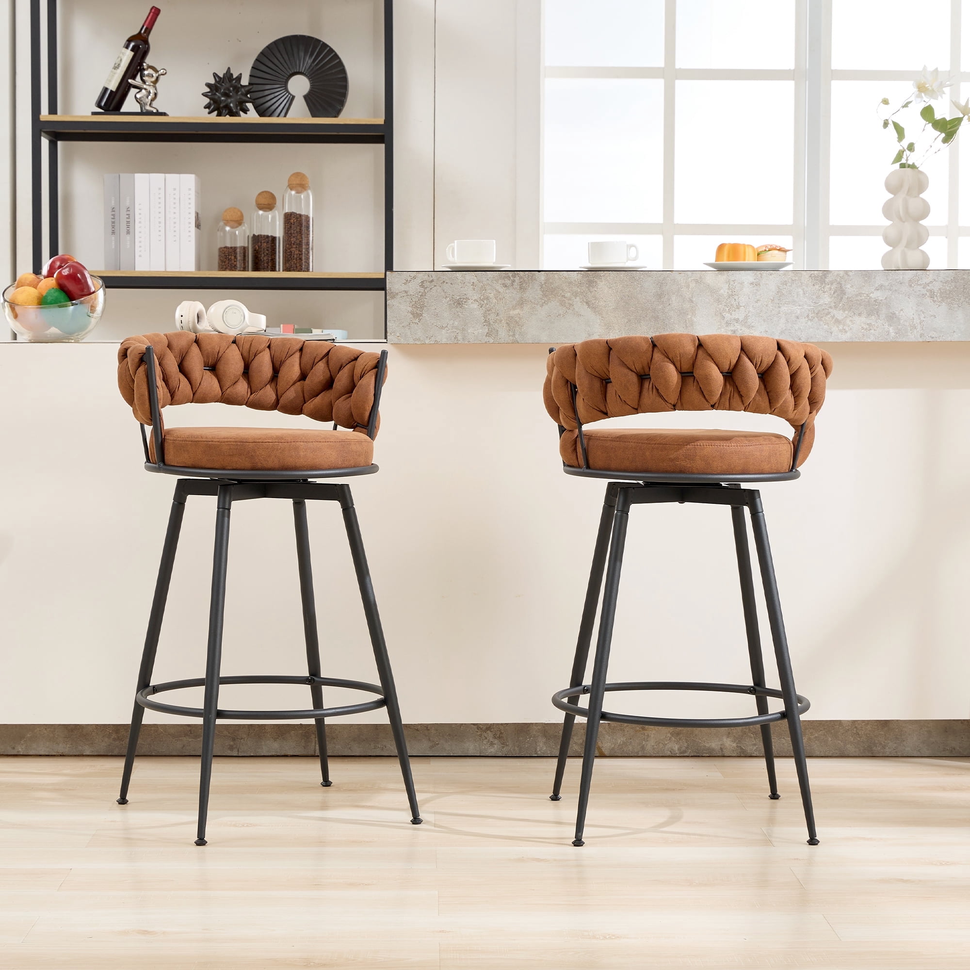 28inch Bar Stools Set of 2, Counter Height Bar Stools, 360°Swivel Suede ...