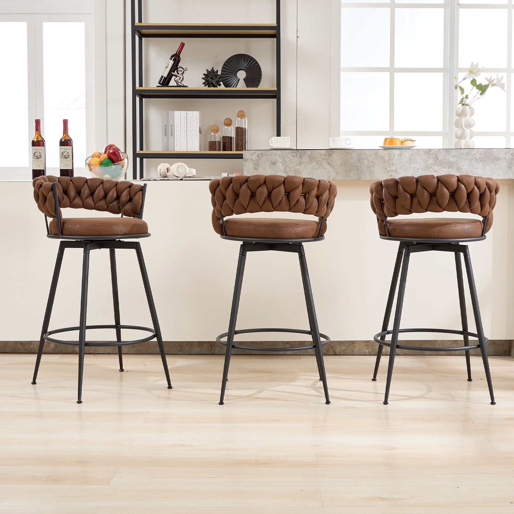 28inch Bar Stools Set of 3, Counter Height Bar Stools, 360°Swivel Suede ...