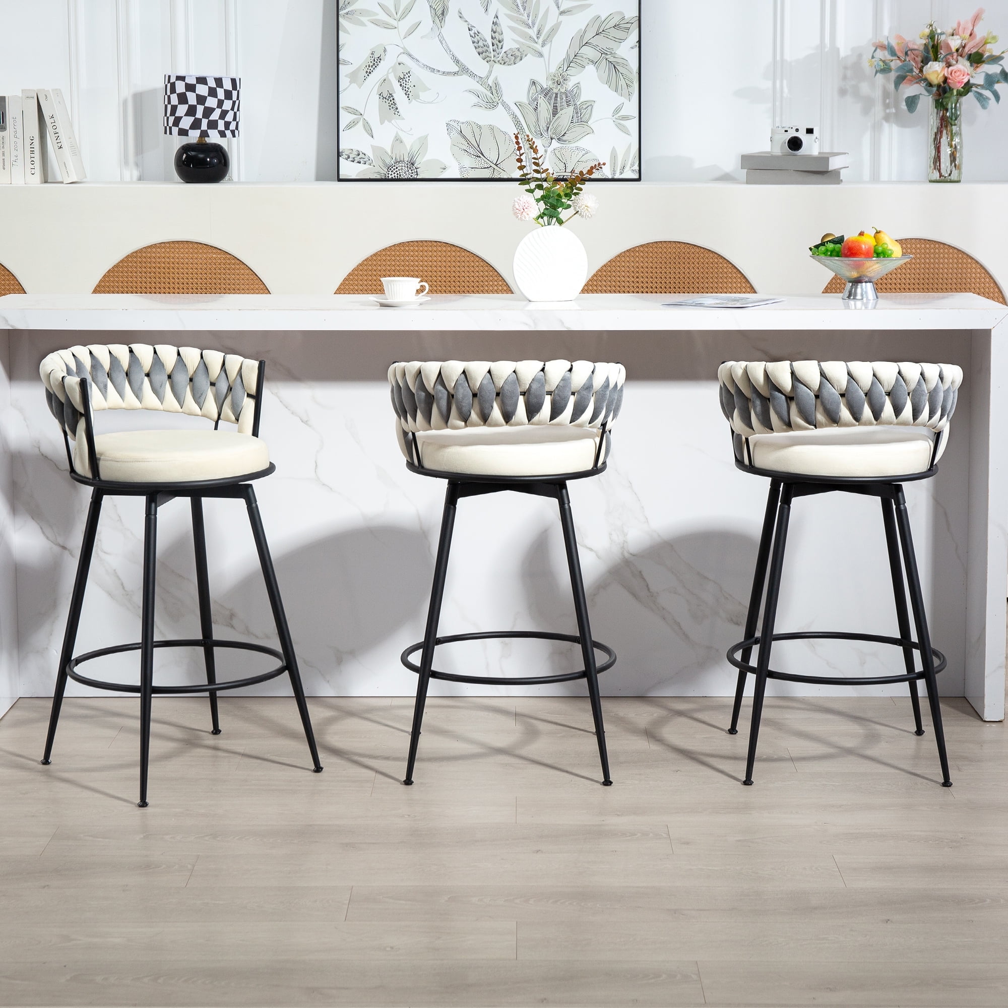 28inch Bar Stools Set of 3, Counter Height Bar Stools, 360°Swivel Suede ...