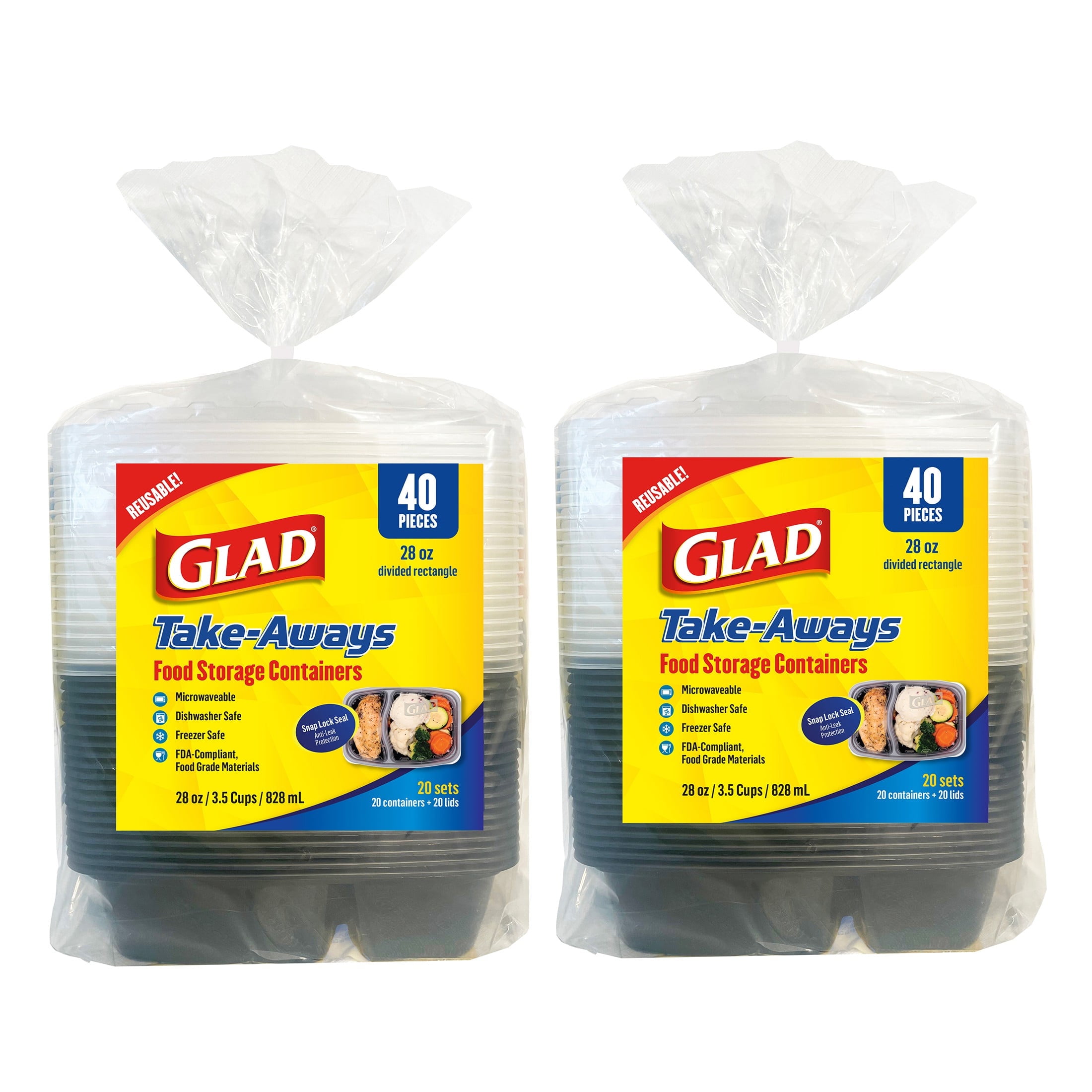 Glad Take-Aways Food Storage Containers, 28oz Divided Rectangle, 80 ...