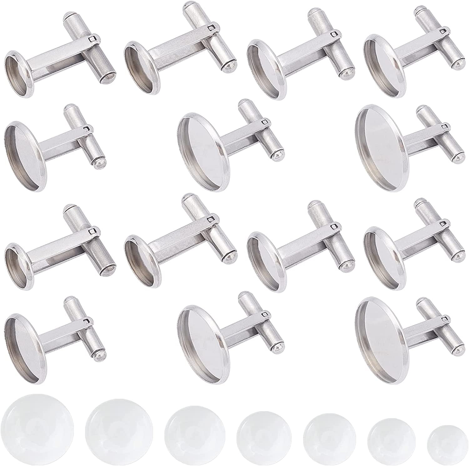 28pcs 7 Sizes Stainless Steel Cuff Buttons Silver Blank Bases Round ...