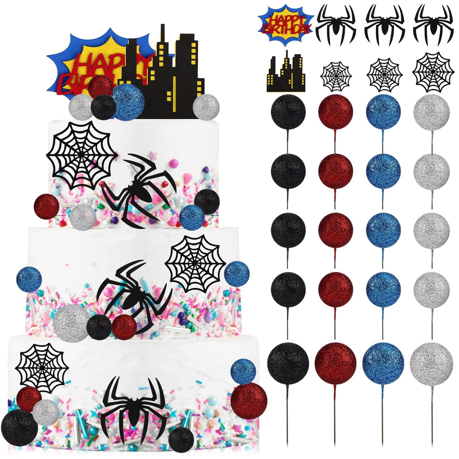 28pcs Cake Decorations,EGSC Black Spider Cobweb Building Cake Topper ...