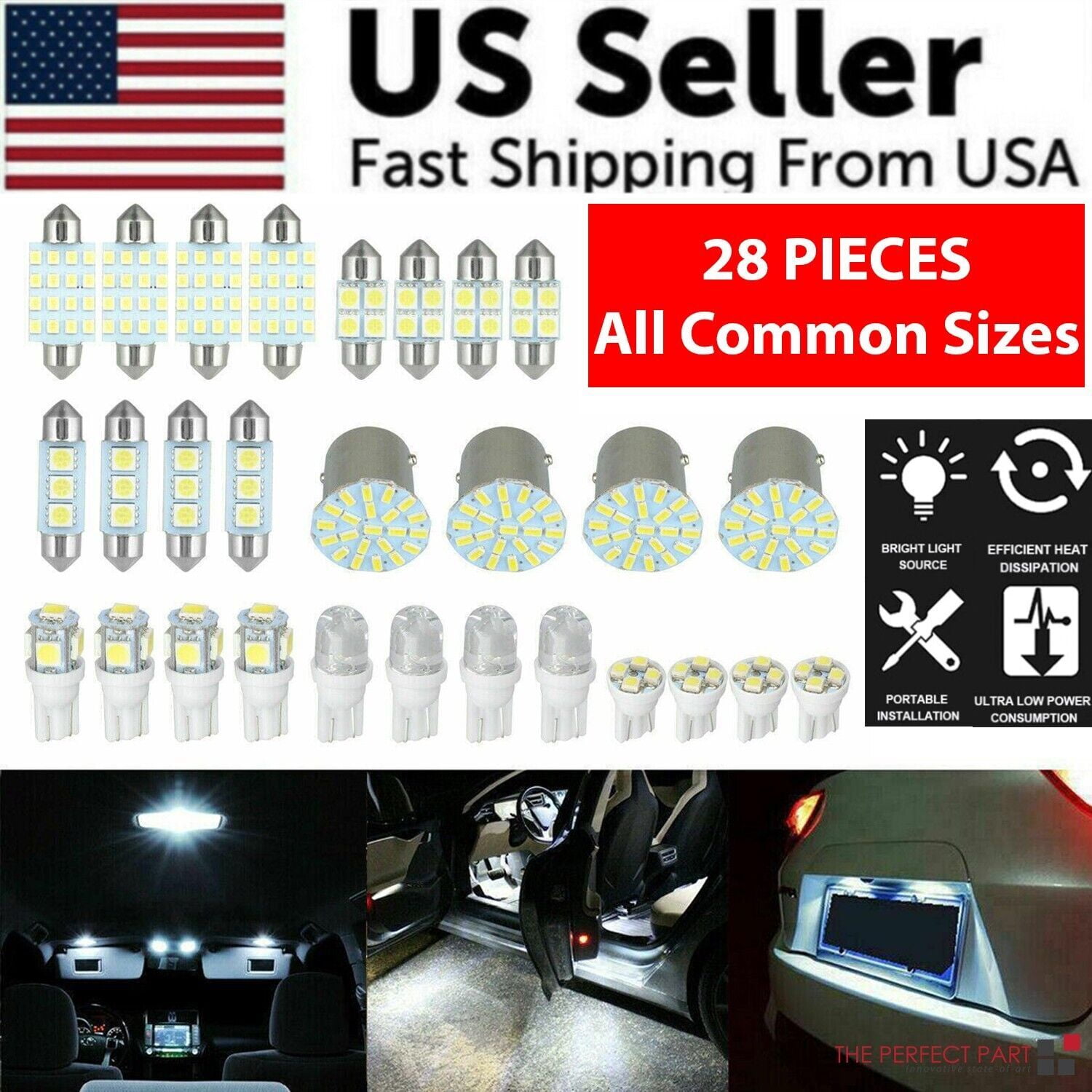 28pcs Car Interior White Combo LED Map Dome Door Trunk License Plate ...