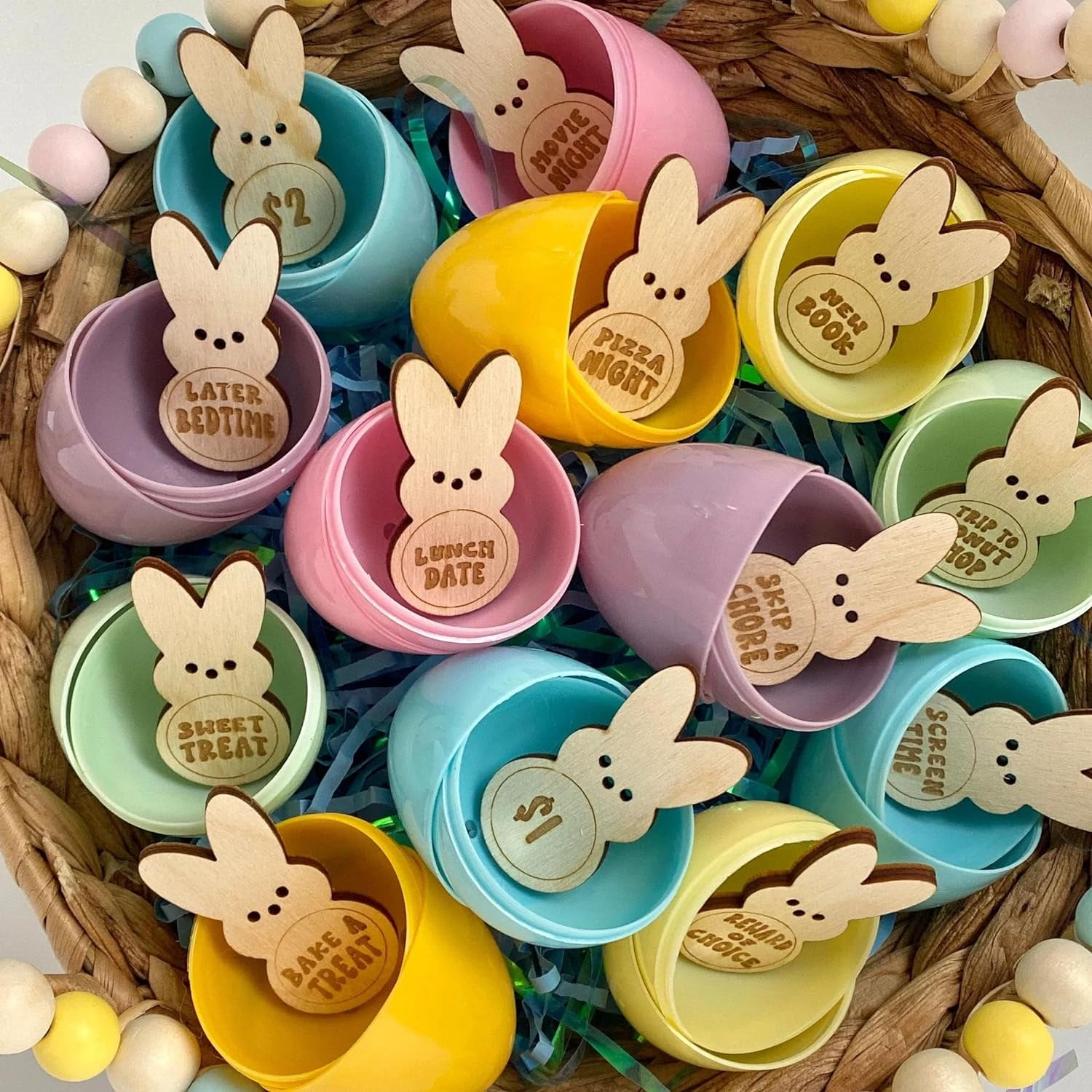28pcs Easter Reward Bunny Tokens for Egg Hunt, Wooden Easter Decoration ...