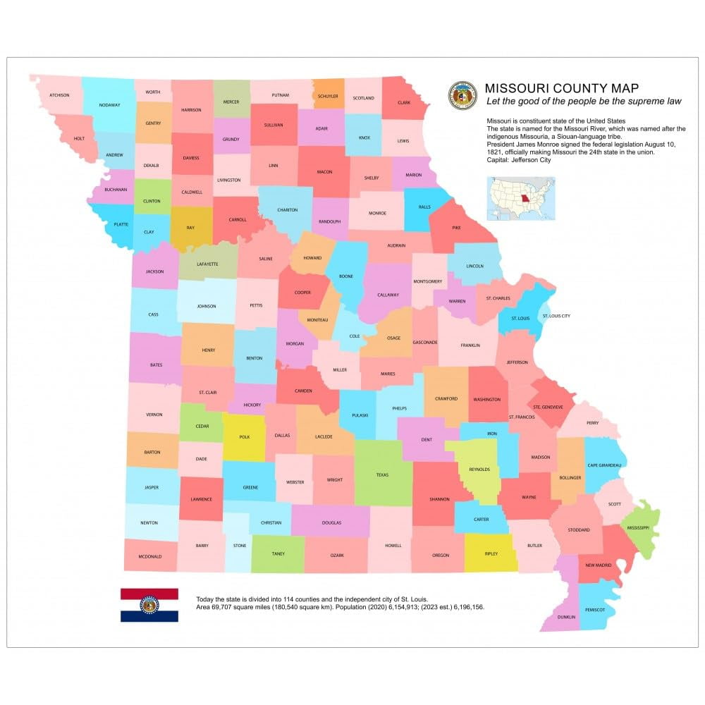 Wall Art Impressions 24x28in Vibrant Missouri County Map Poster A ...