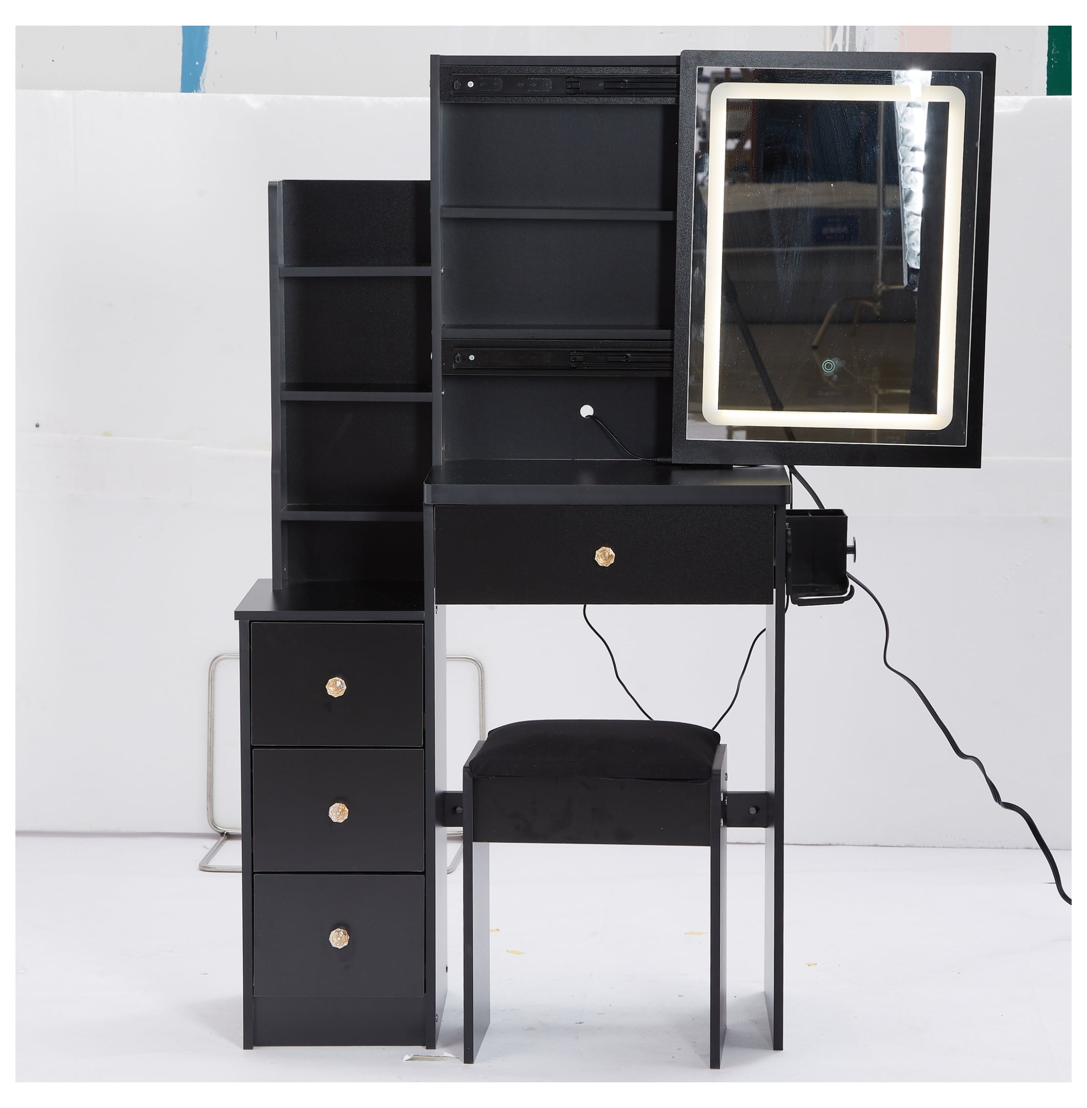 29.2" Small Size Bedside Cabinet Vanity Table with Cushioned Stool, USB ...