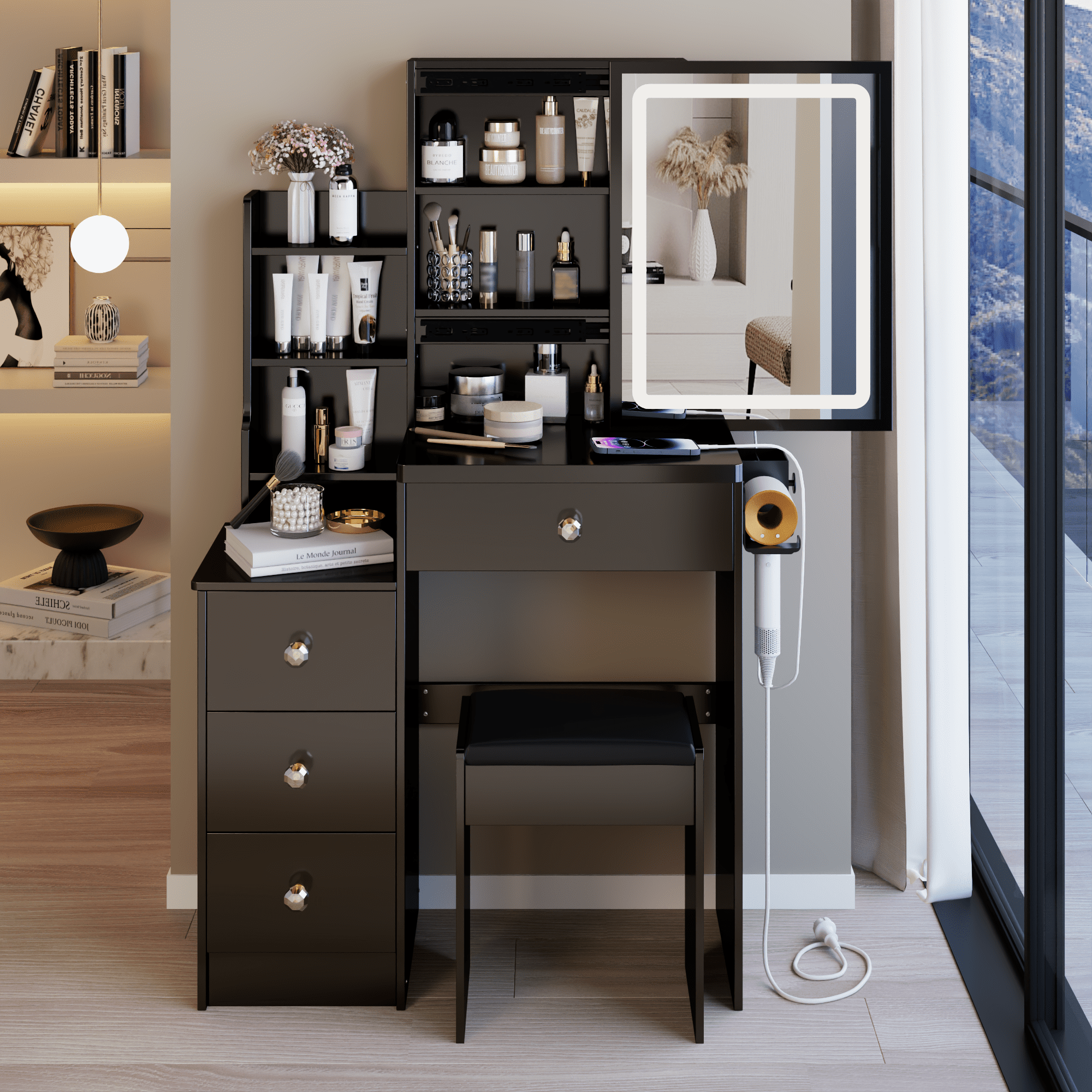 29.2" Small Size Left Bedside Cabinet Vanity Table + Cushioned Stool, 2 ...