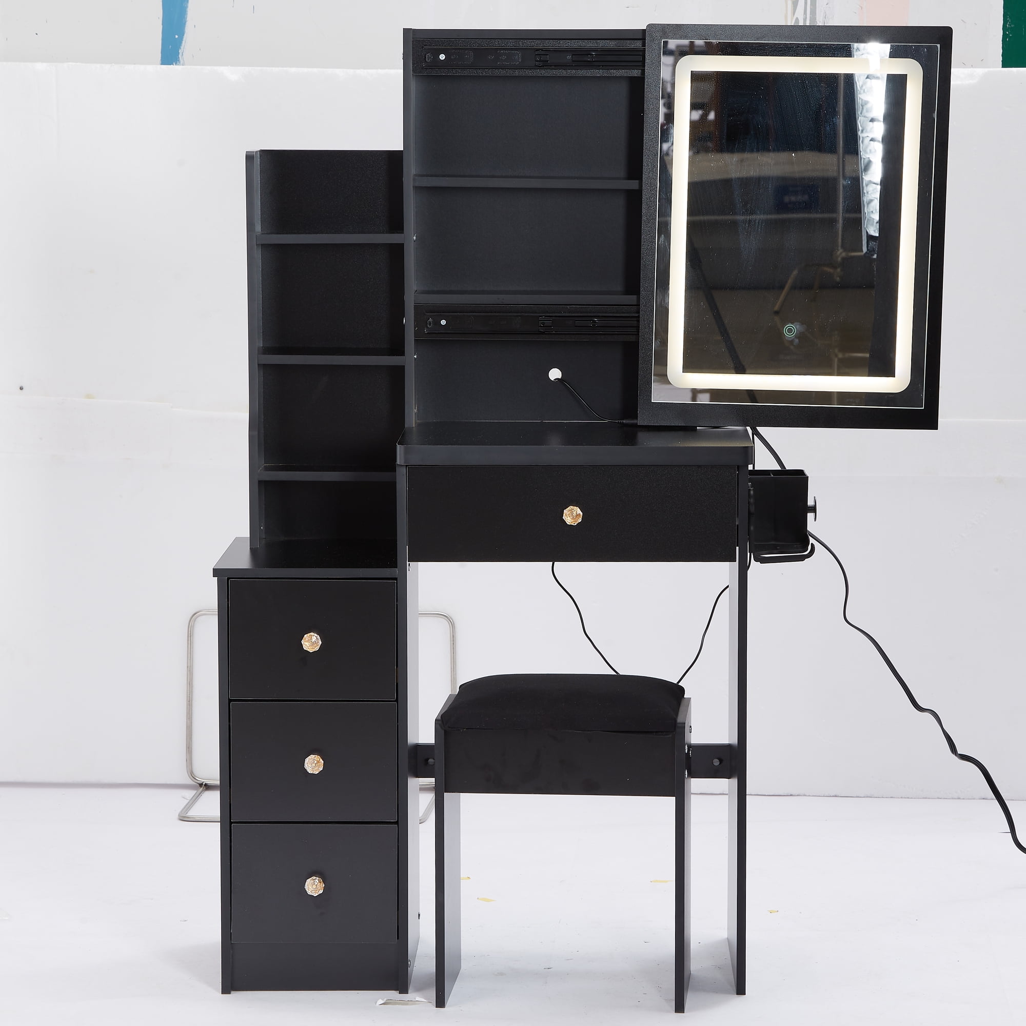 29.2" Small Size Left Bedside Cabinet Vanity Table + Cushioned Stool,2 ...