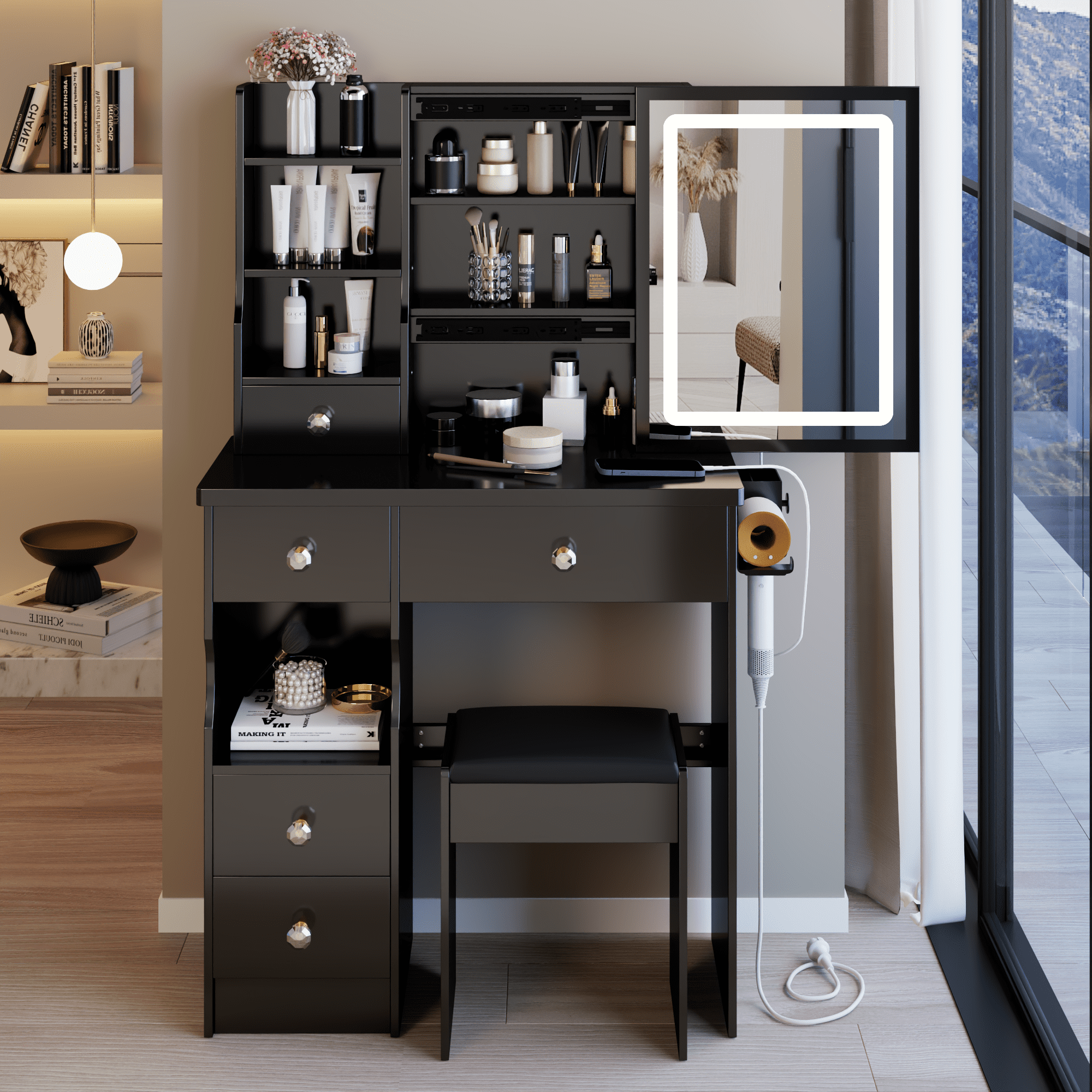 29.2" Small Size Left Drawer Desktop Vanity Table + Cushioned Stool, 2 ...