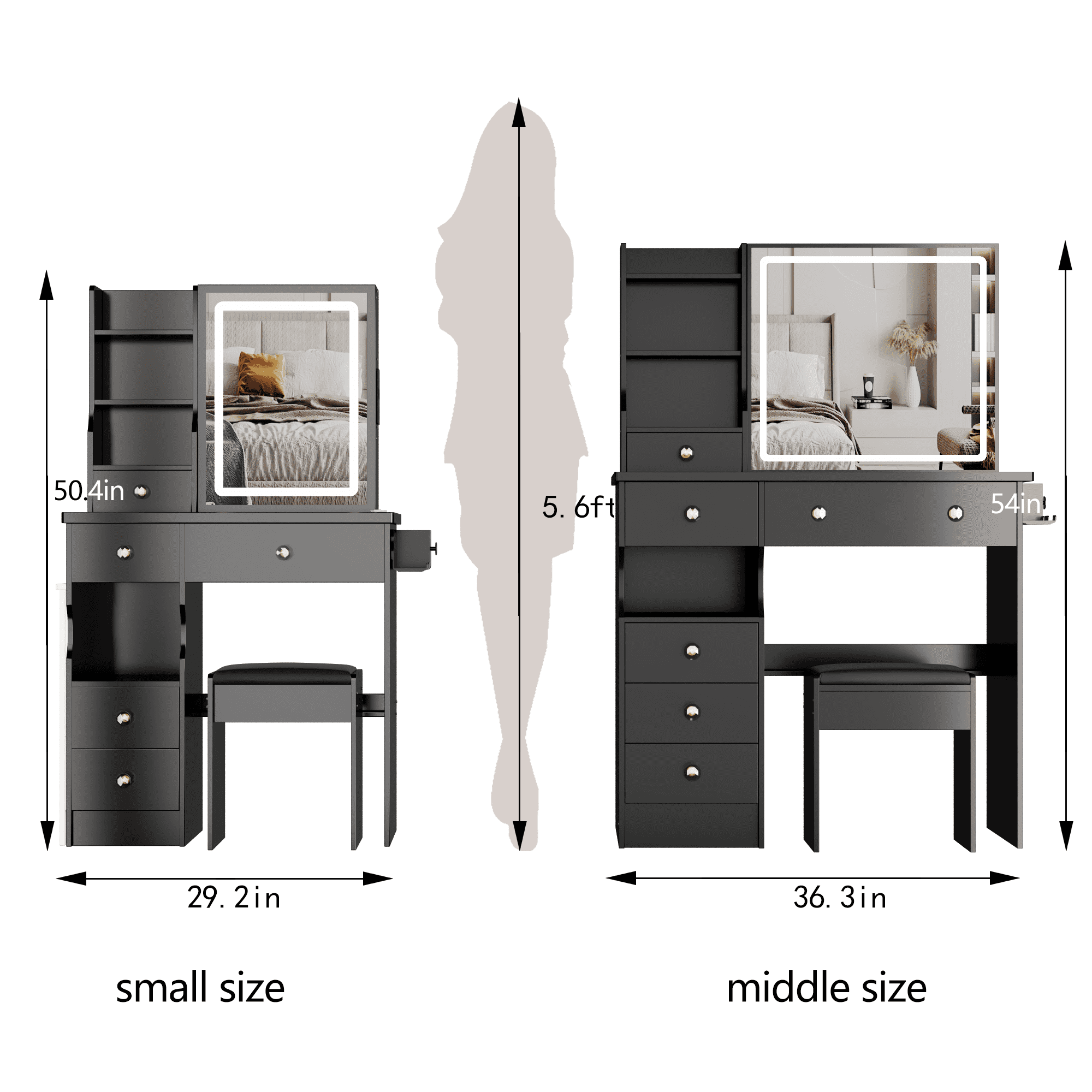 29.2" Small Size Left Drawer Desktop Vanity Table + Cushioned Stool, 2 ...