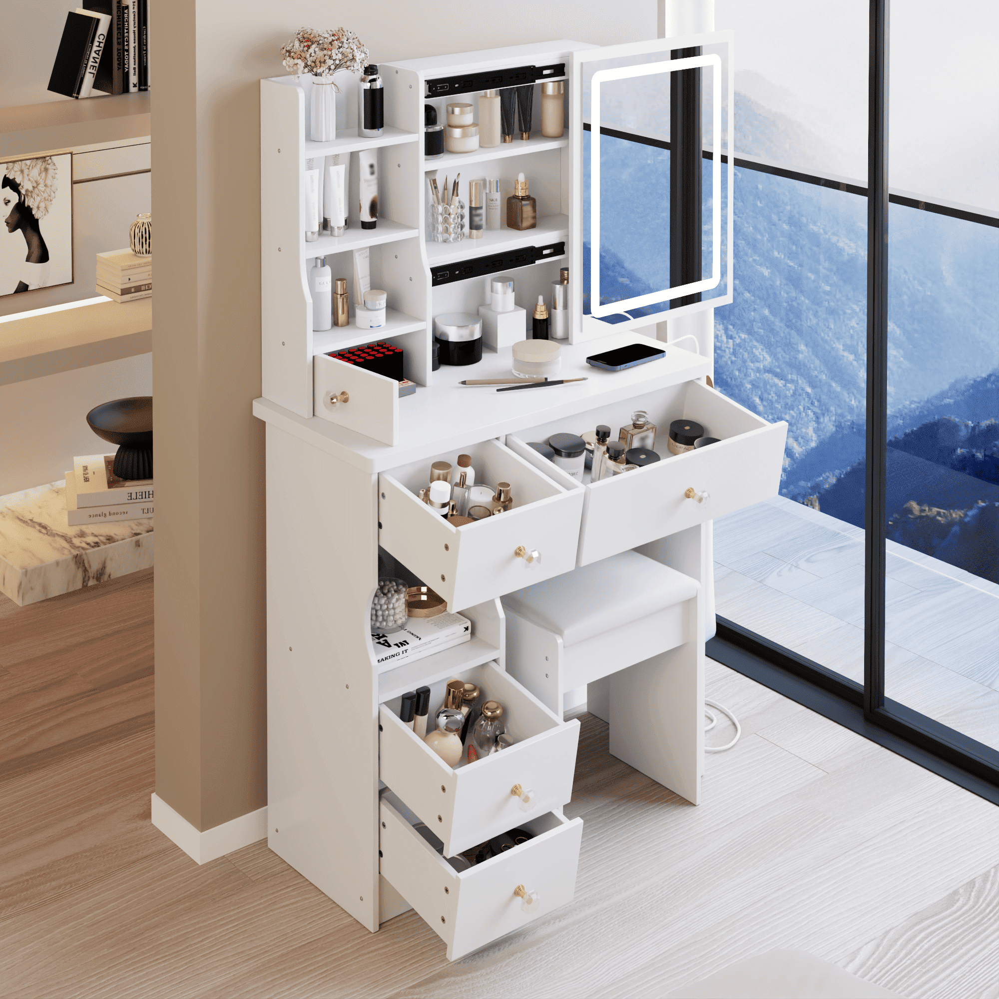 29.2" Small Size Left Drawer Desktop Vanity Table + Cushioned Stool, 2 ...