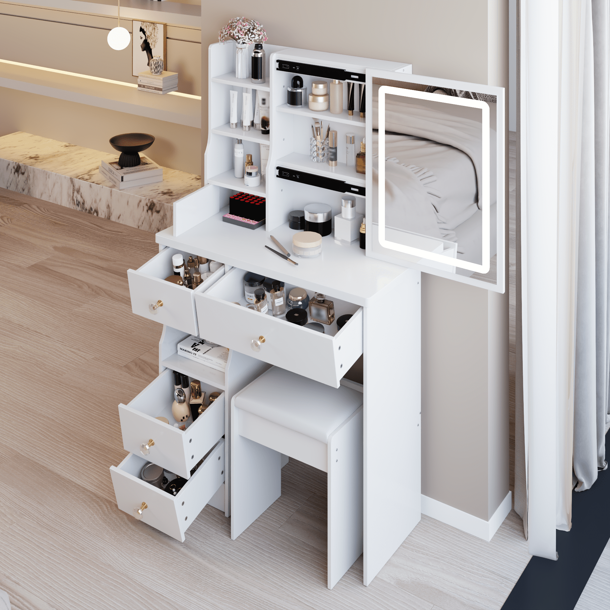 29.2" Small Size Left Drawer Desktop Vanity Table + Cushioned Stool ...