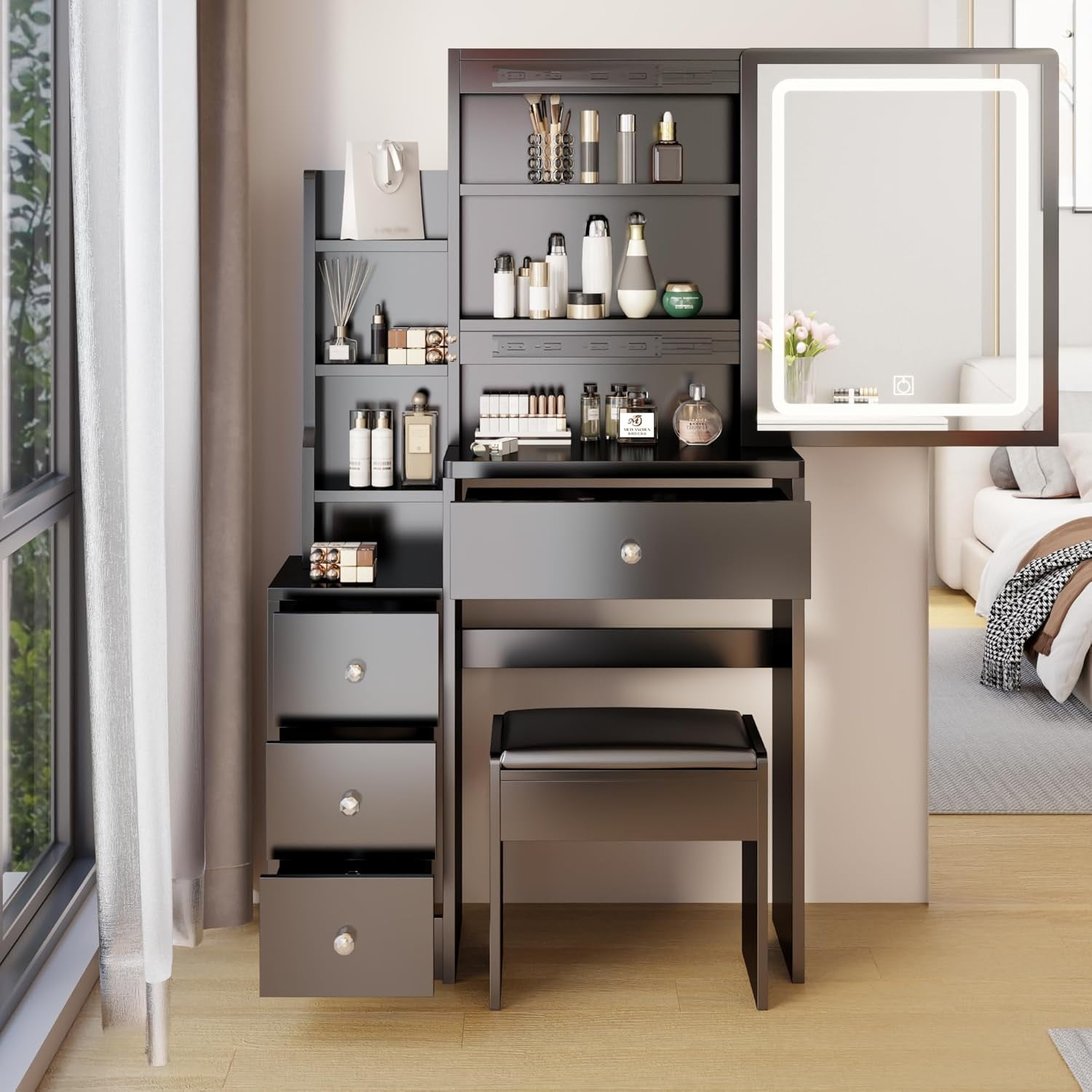 29.2" Small Space Makeup Vanity Desk with Sliding Mirror and Lights ...