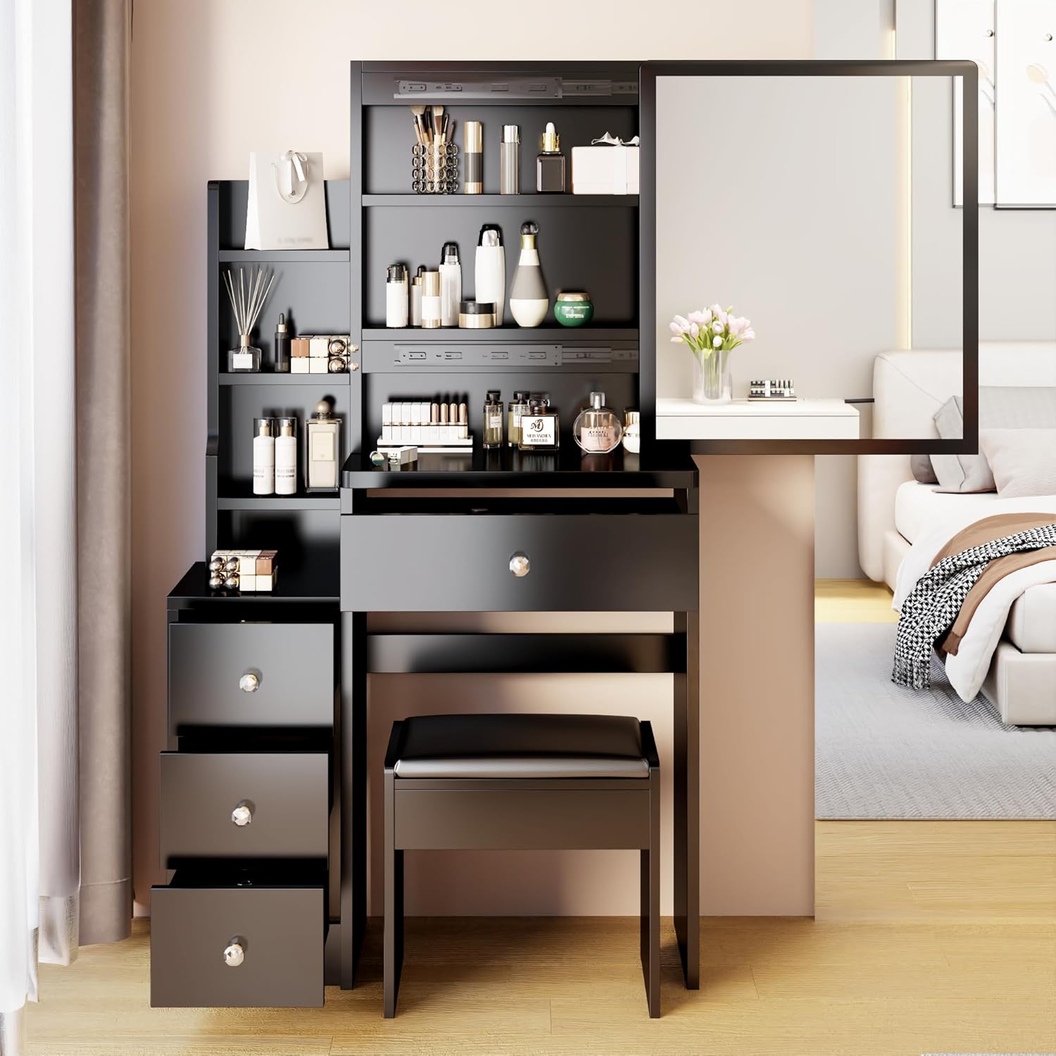 29.2" Small Space Makeup Vanity Desk with Sliding Mirror and Lights ...