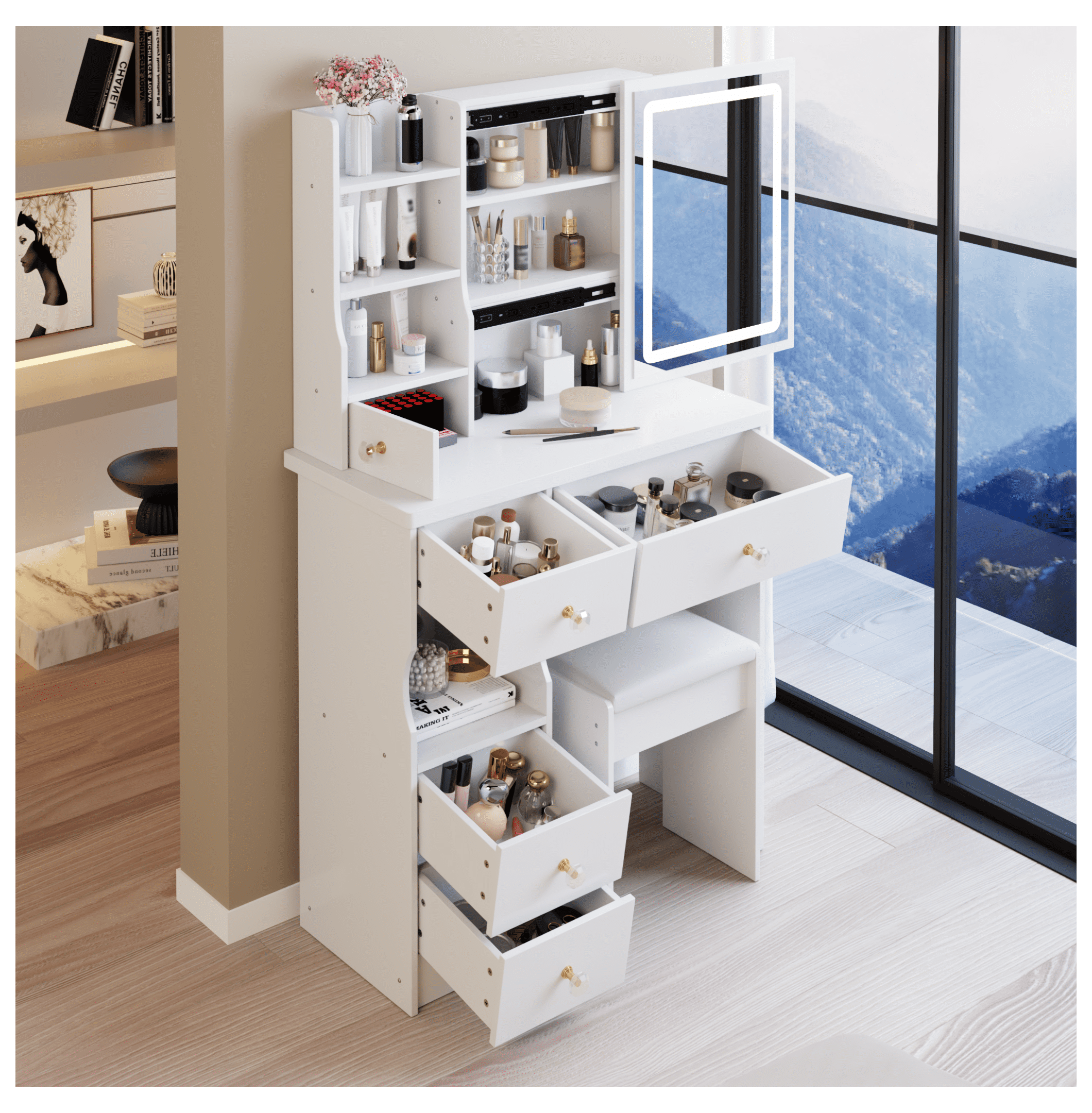 29.2" Small Vanity Desk with Left Drawer, Cushioned Stool, Sliding ...