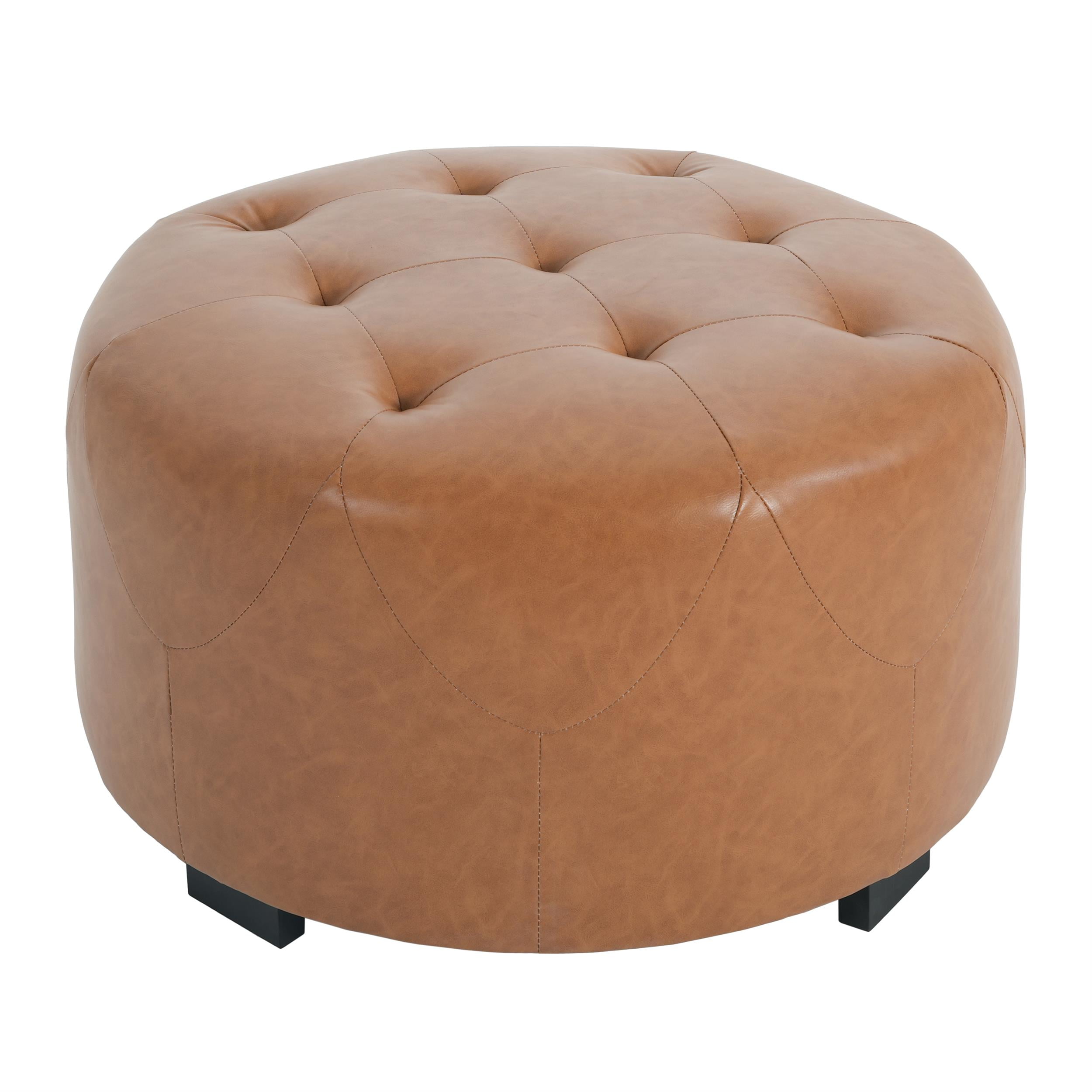 29.25" Orange Brown Faux Leather Button Tufted Round Ottoman with Birch ...