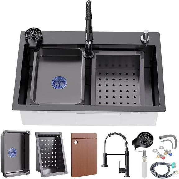 Waterfall Kitchen Sink, Single Bowl Drop in Kitchen Sink with Pull-Out ...