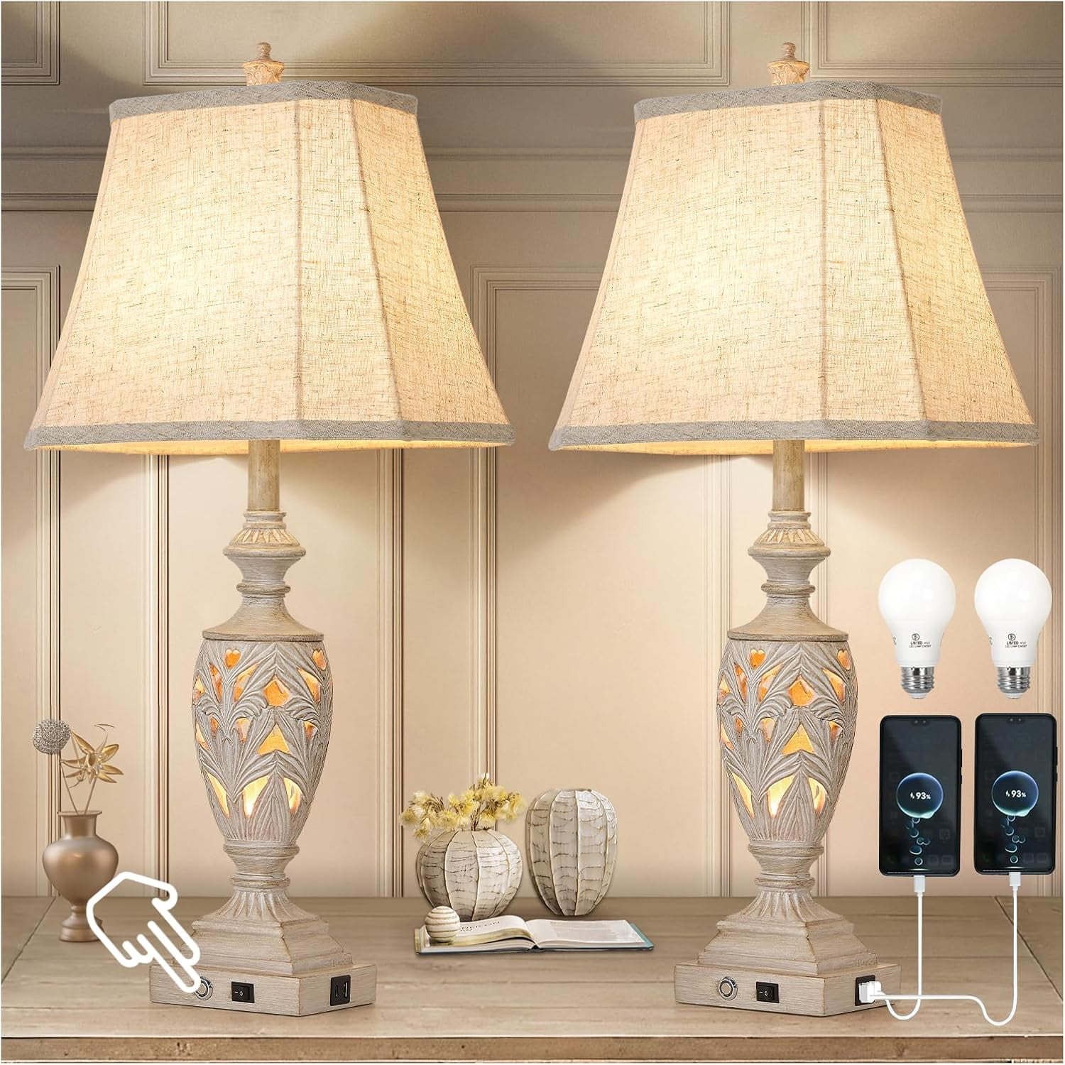 29.5"H Touch Control Traditional Table Lamp Set of 2,Vintage Bedside ...