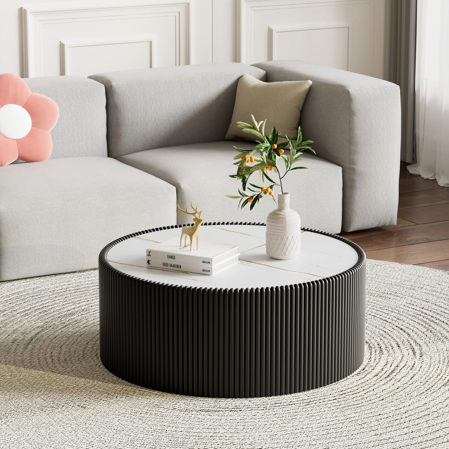 29.52" Round Drum Coffee Table with Marbled Top, Modern Black Coffee ...