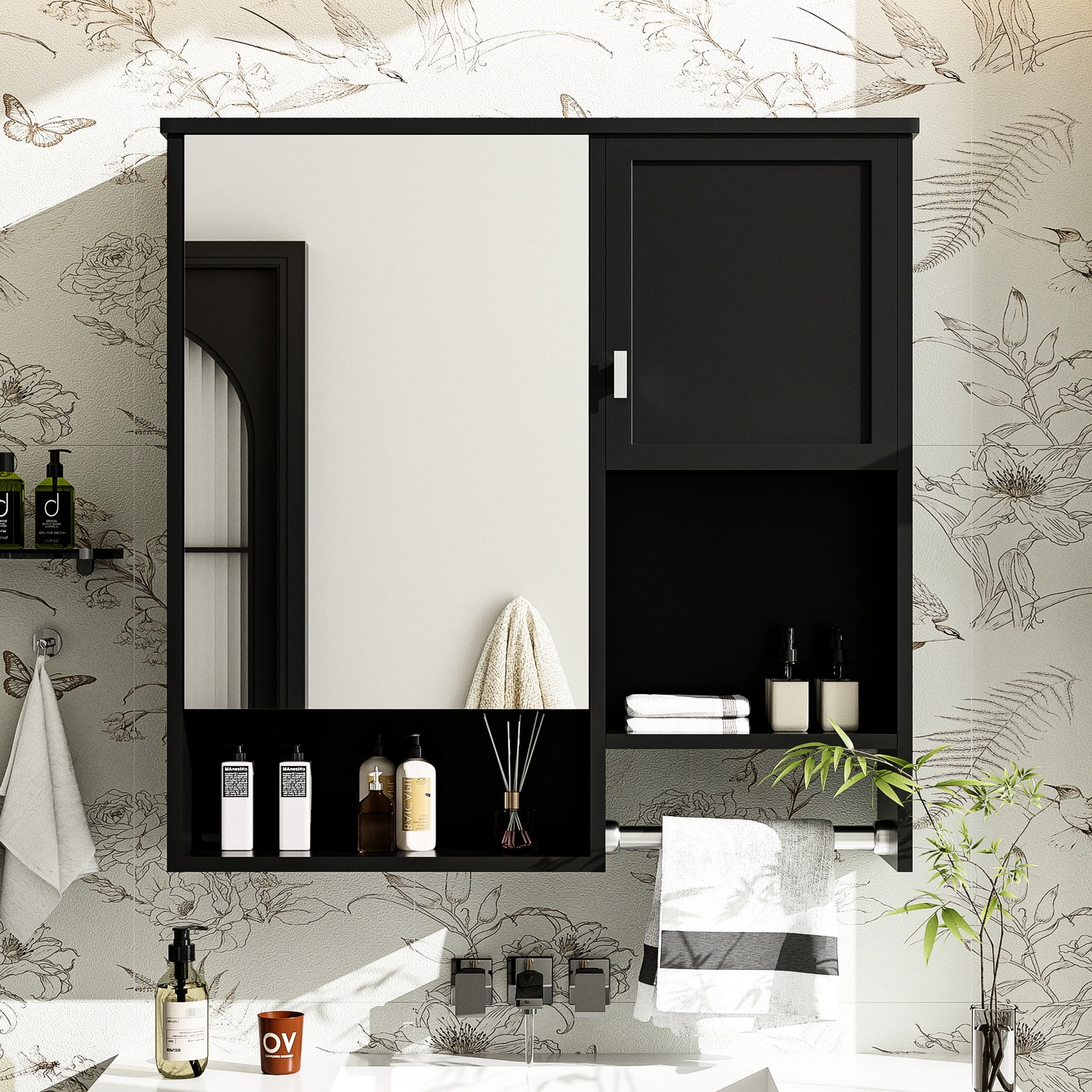 29.52in Depth Modern Wall - Mounted Black Medicine Cabinet with ...