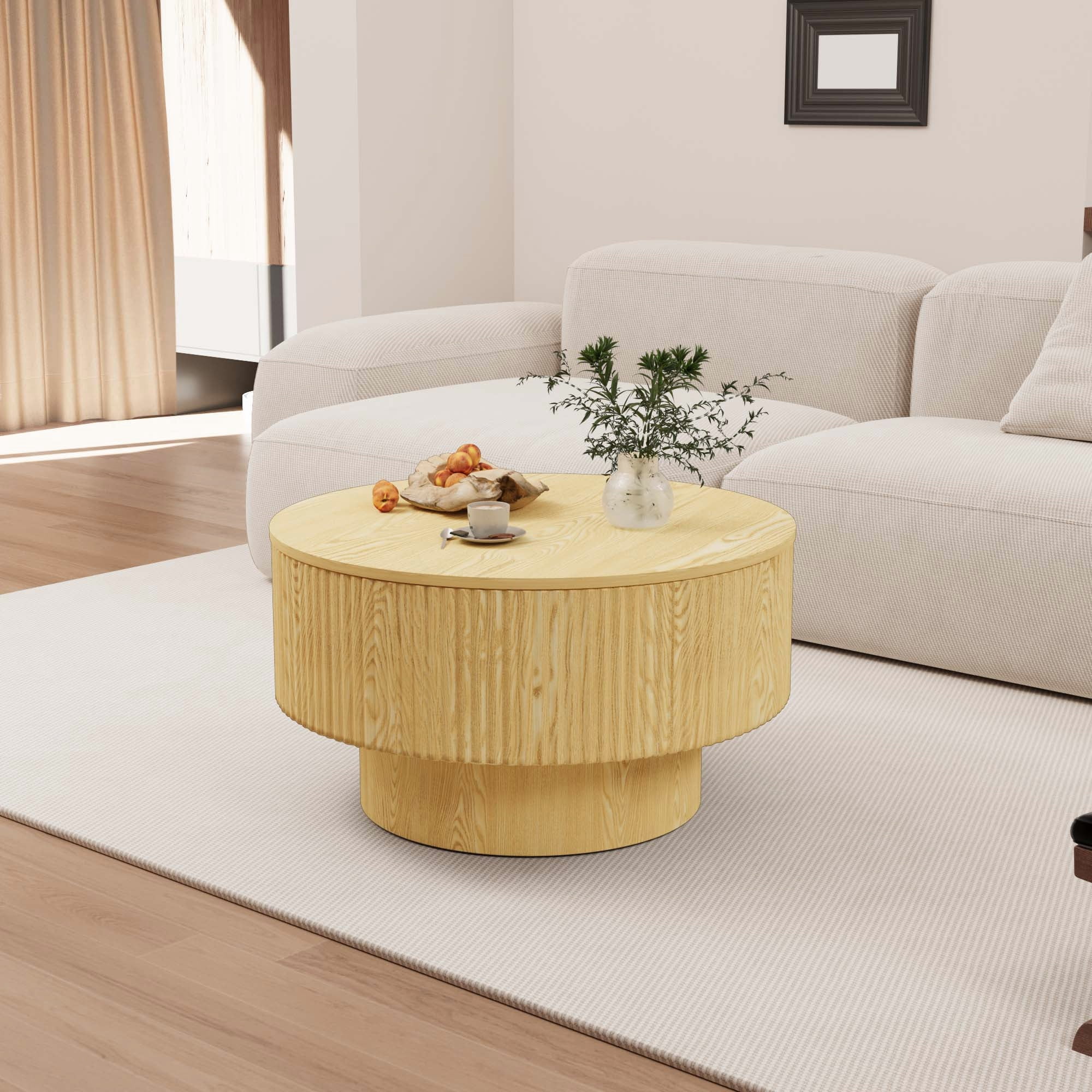 29.53 " MDF modern circular coffee table with circular stripe design and storage space, suitable ...
