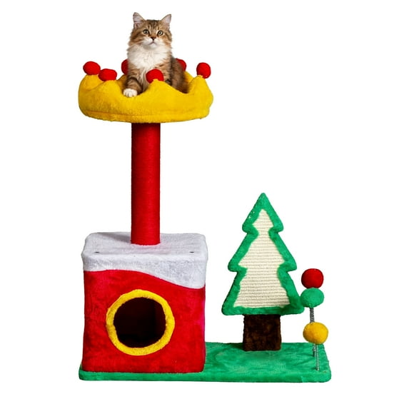 29.5in Christmas Themed Plush Cat Tree, Multi-level Cat Tower with Cat ...