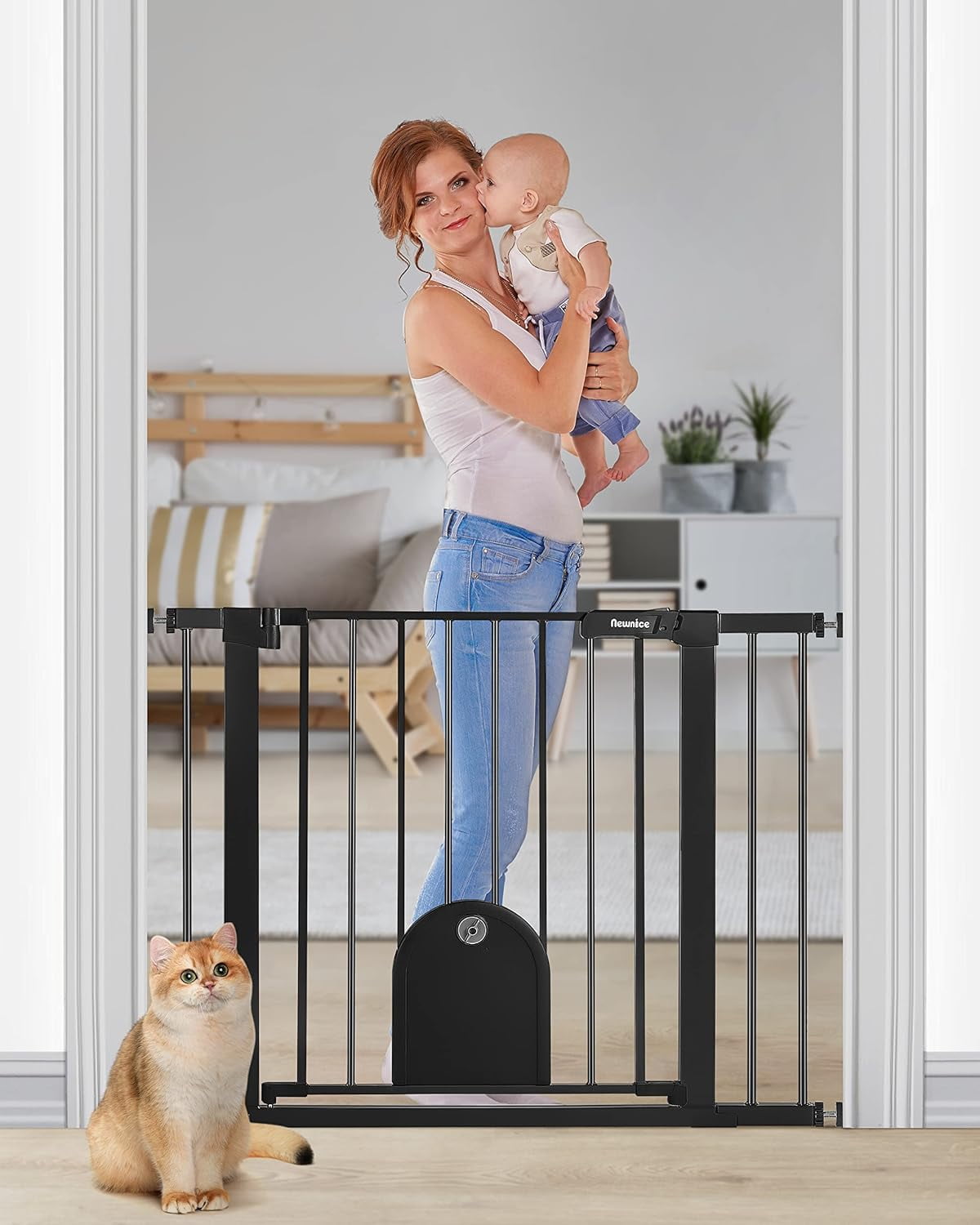 29.7"-40.6" Wide Auto Close Baby Gate with Small Cat Door, Easy Walk ...
