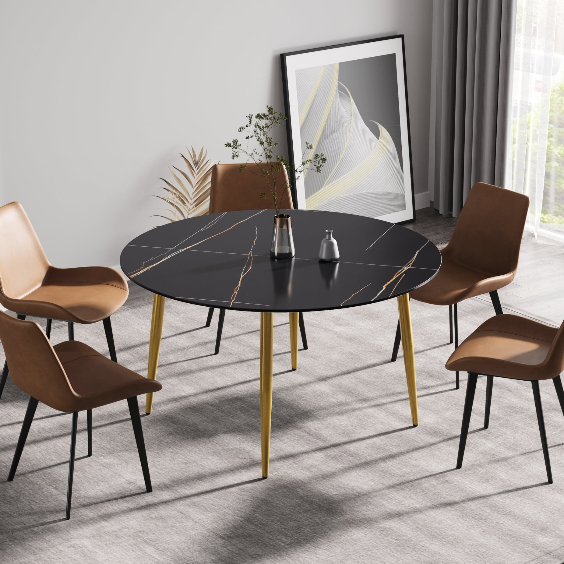 29.74"h Black Round Dining Table With Stability Sintered Stone And Metal Modern Compression ...